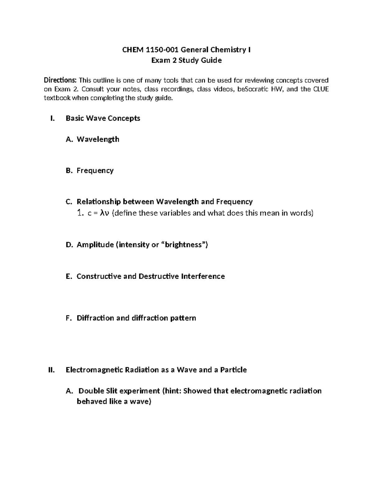 Exam 2 Study Guide - CHEM 1150-001 General Chemistry I Exam 2 Study ...