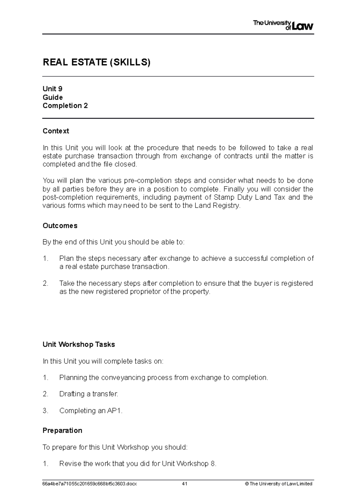 Workshop Guide - REAL ESTATE (SKILLS) Unit 9 Guide Completion 2 Context ...