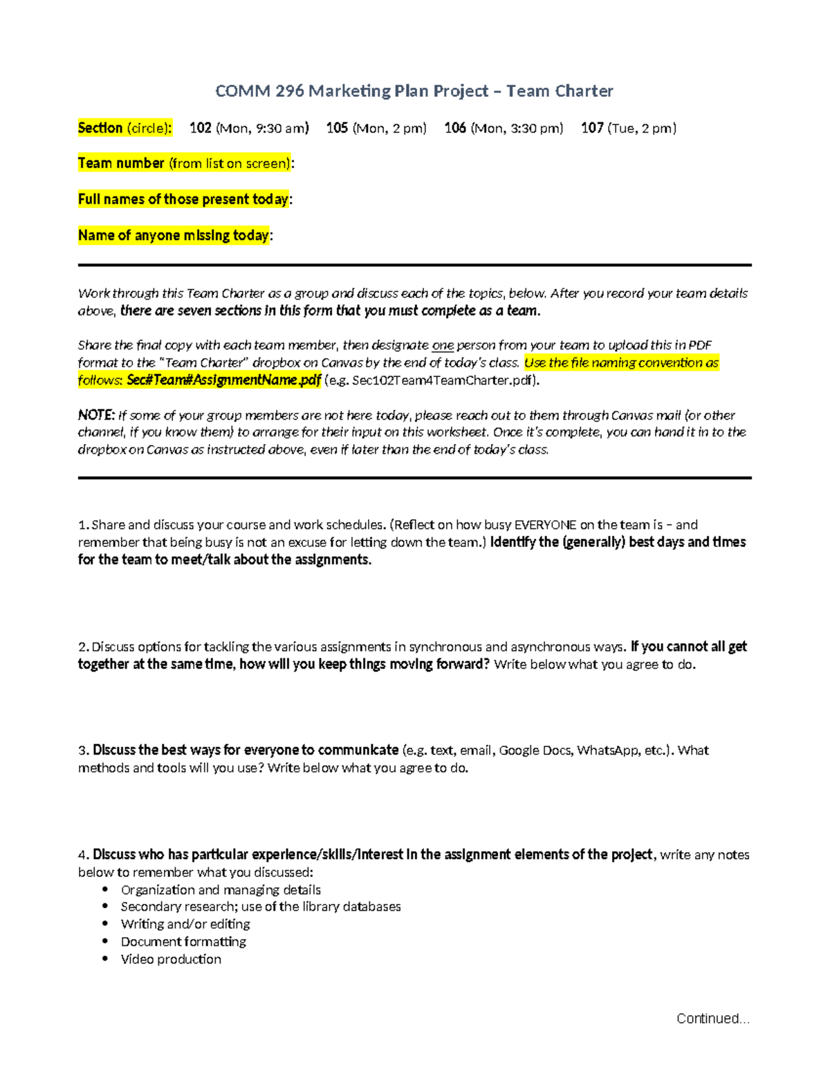 C296 Sec 102 105 106 107 - Team Charter - Sep 2024 - COMM 296 Marketing ...