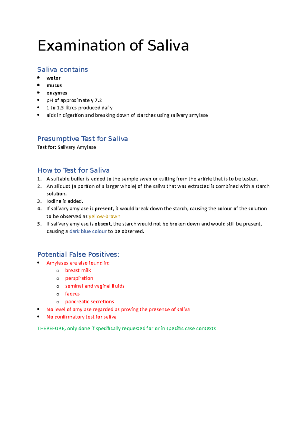 Examination of Saliva Notes - Examination of Saliva Saliva contains ...