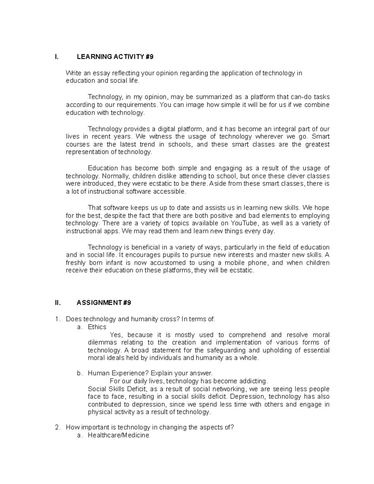 Learning Activity and Assignment 9 - I. LEARNING ACTIVITY Write an ...