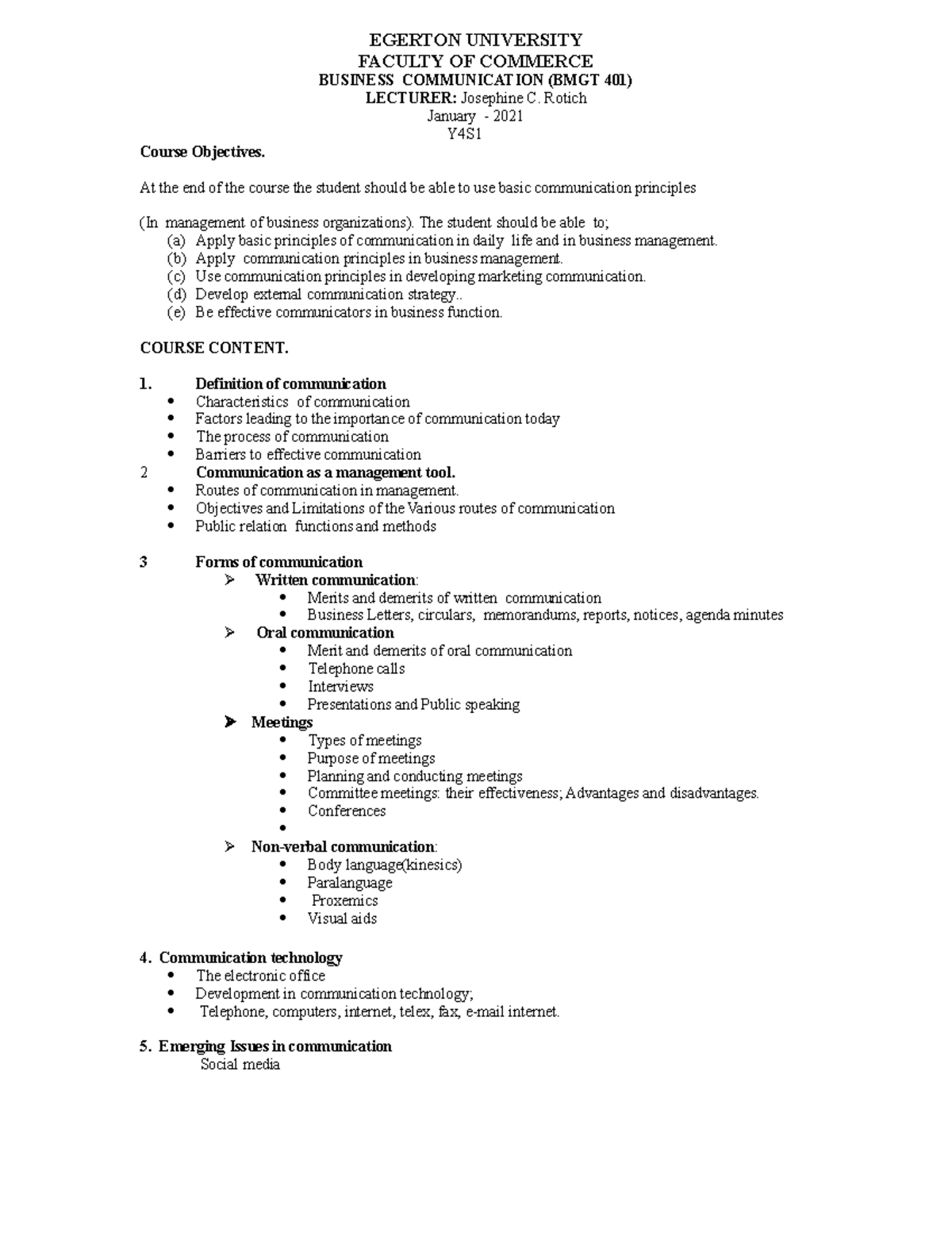 BMGT 401 business communication course outline - Communication Skills ...