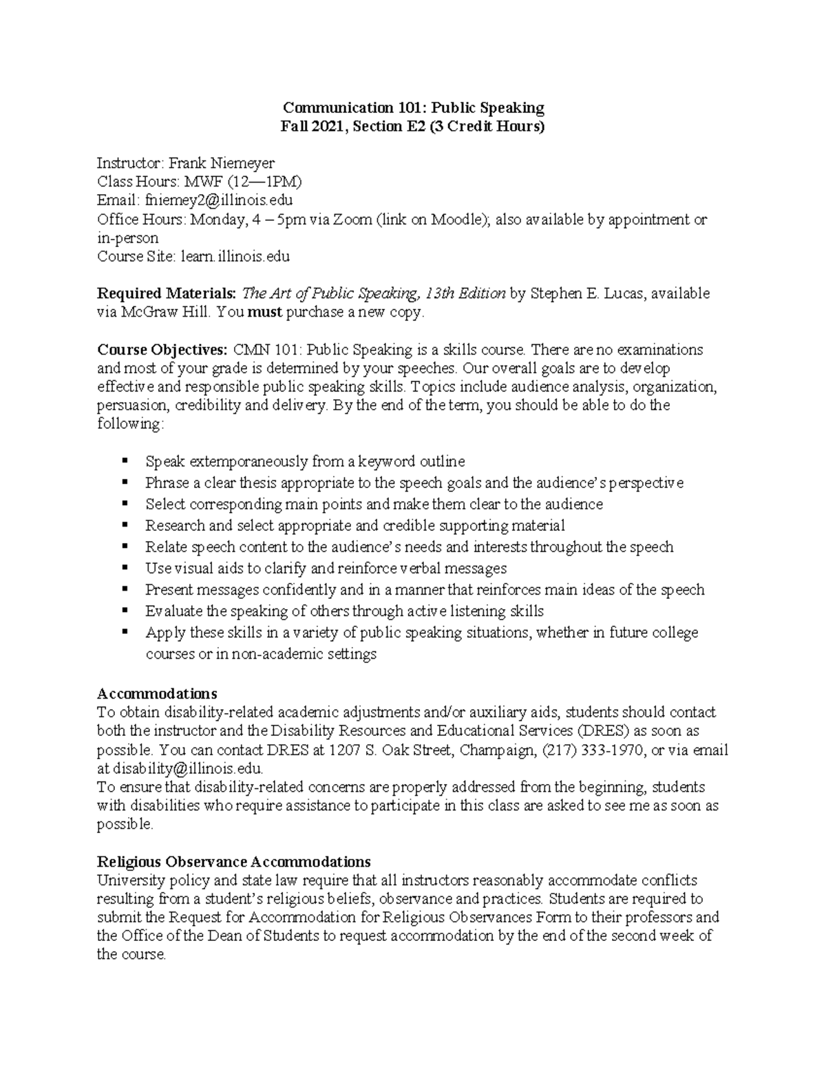 Fall 2021 Syllabus - Communication 101: Public Speaking Fall 2021 ...