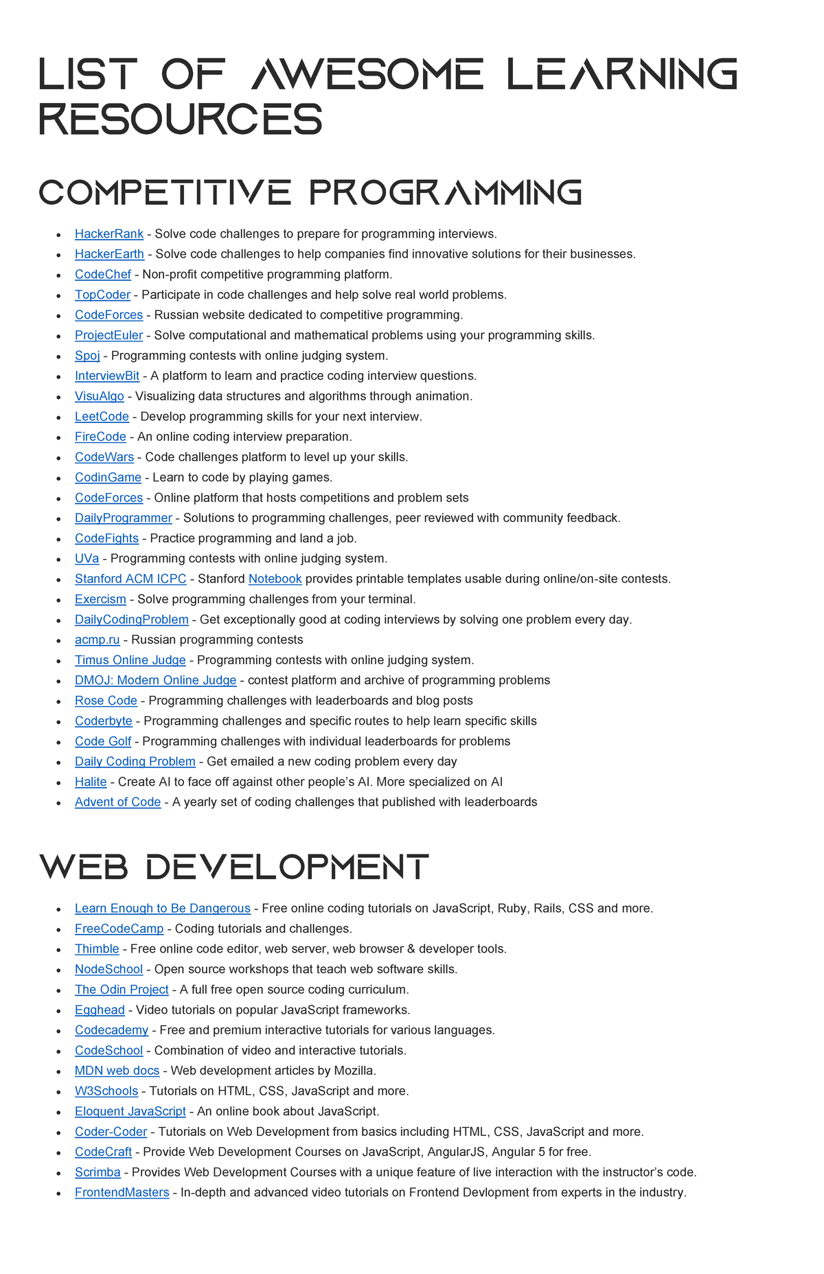 LIST OF Awesome Learning Resources - HackerRank - Solve code challenges ...