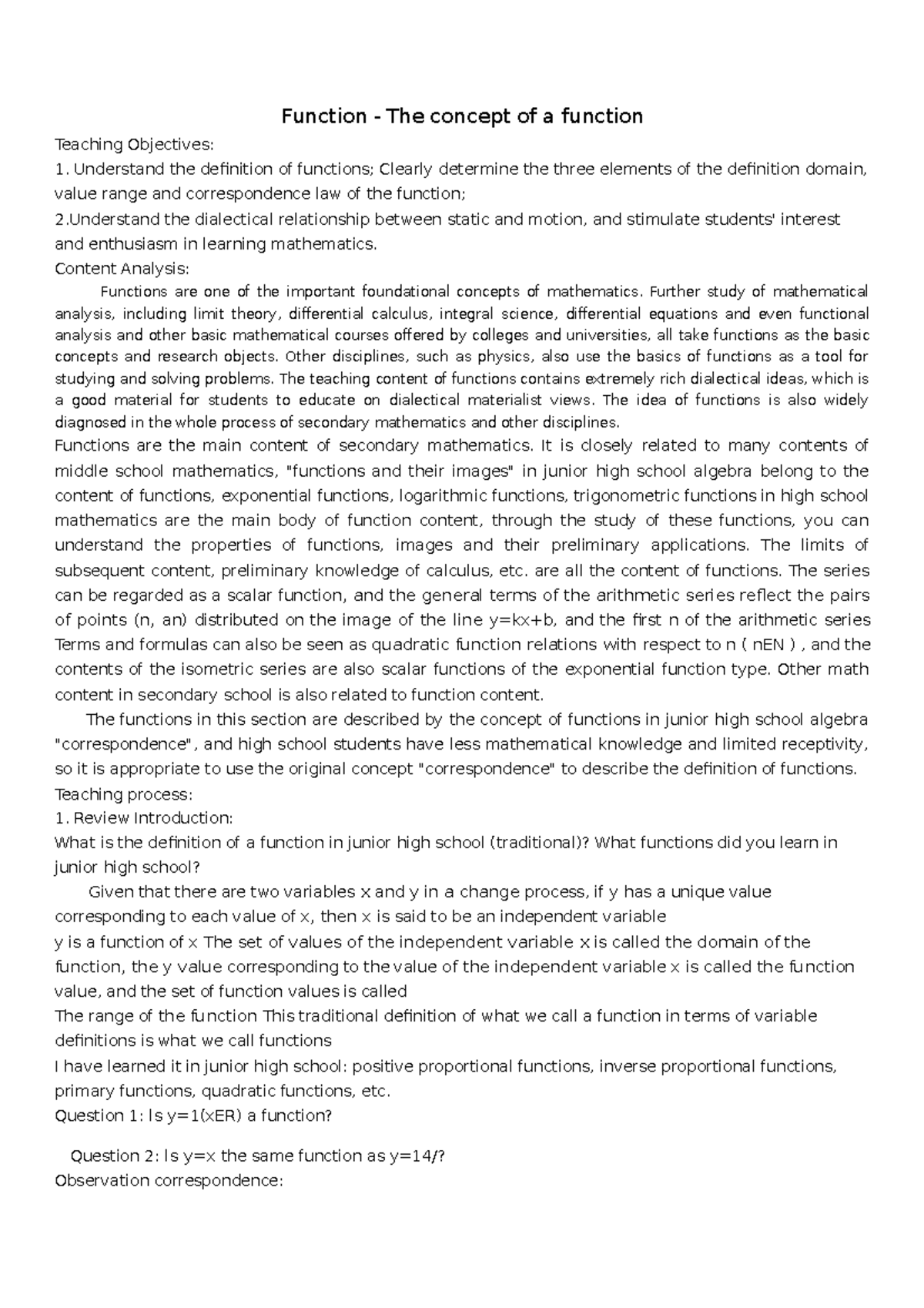 Function MTH20 - Summary of mathematical content - Function - The ...
