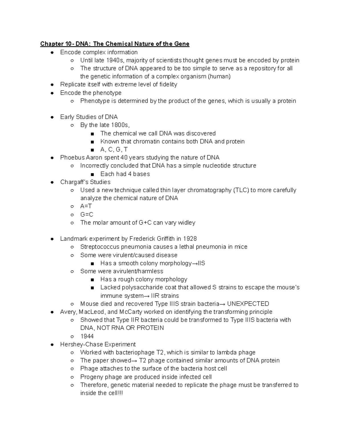 Genetics Chapter 10 Notes - Chapter 10- DNA: The Chemical Nature of the ...