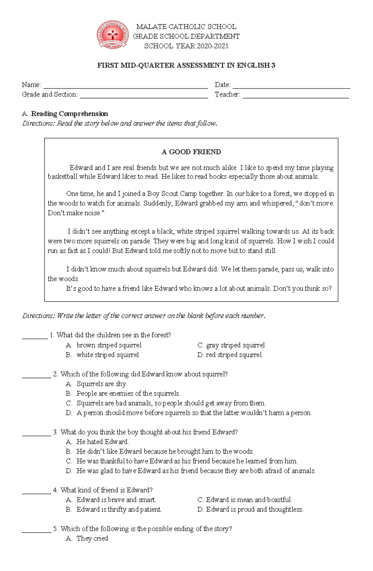 ENG 3 1st Mid-Quarter Assessment - MALATE CATHOLIC SCHOOL GRADE SCHOOL ...