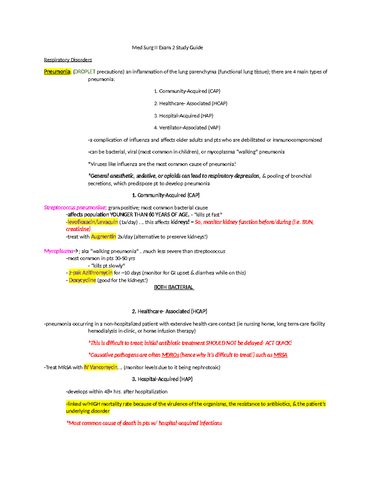 Med Surg II Exam 2 Study Guide - Med Surg II Exam 2 Study Guide Respiratory Disorders Pneumonia ...