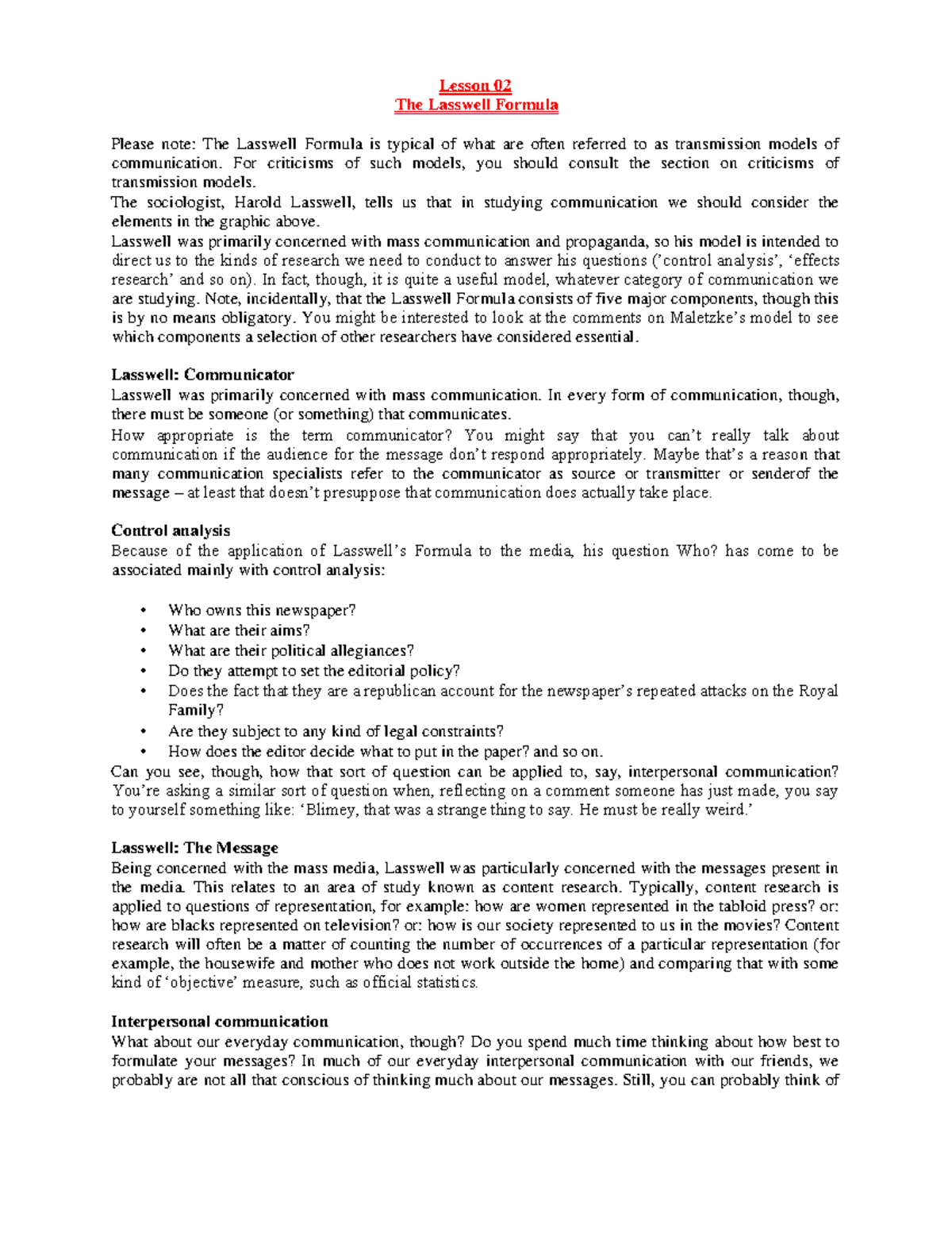 Ch02 The Lasswell Formula - Lesson 02 The Lasswell Formula Please note ...