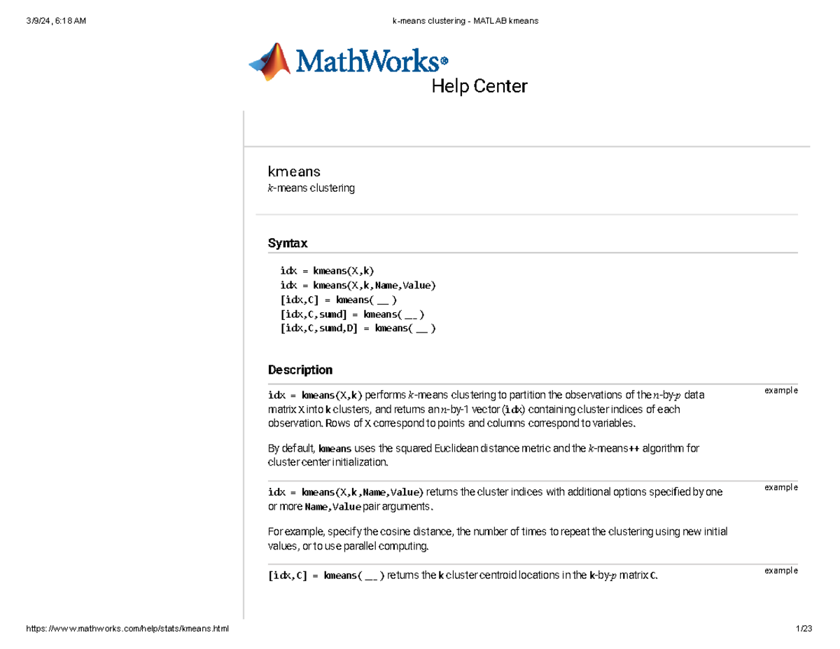 K-means clustering - Matlab kmeans - k-means clustering example example ...
