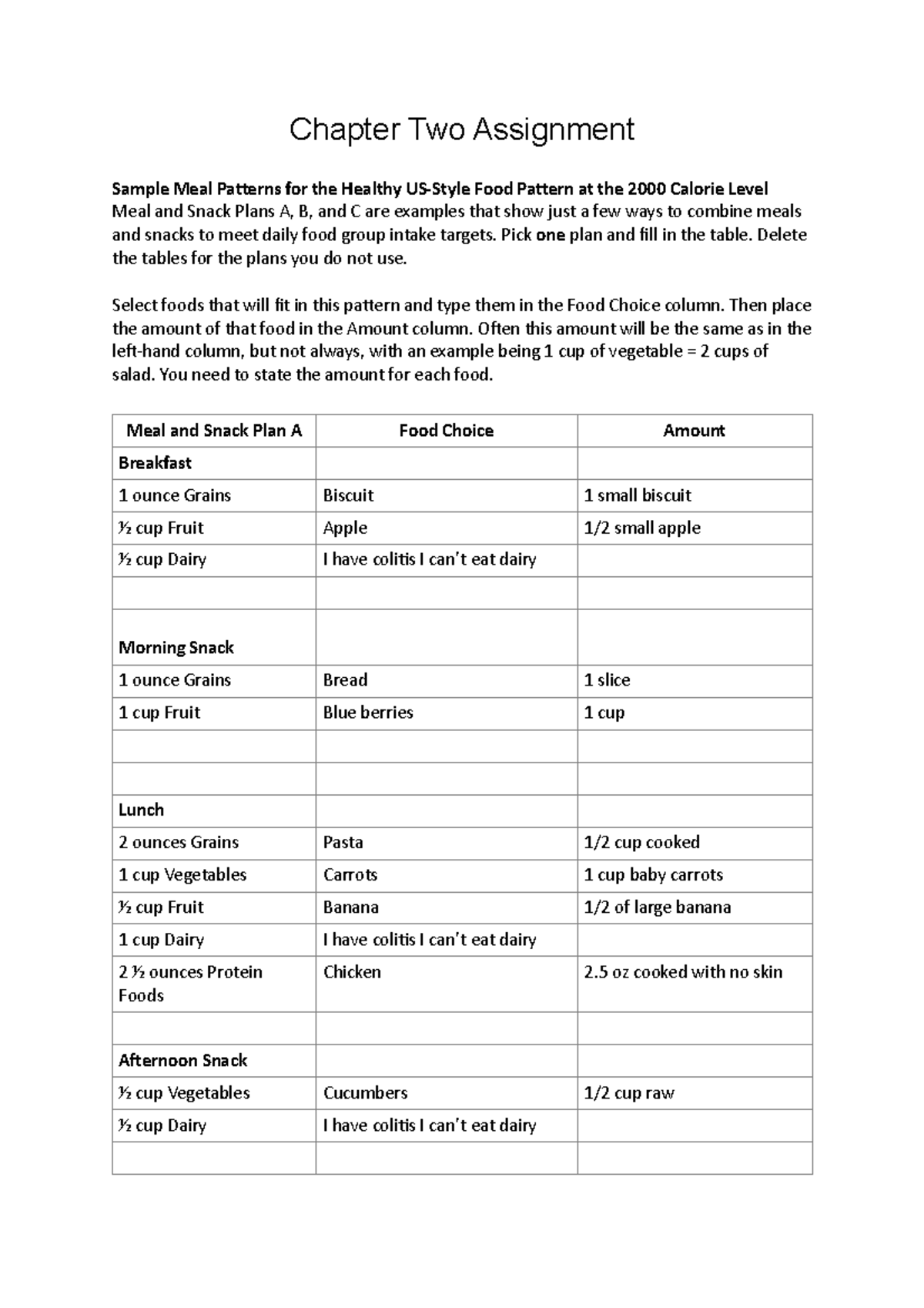 Chapter Two Assignment - Chapter Two Assignment Sample Meal Paerns for ...