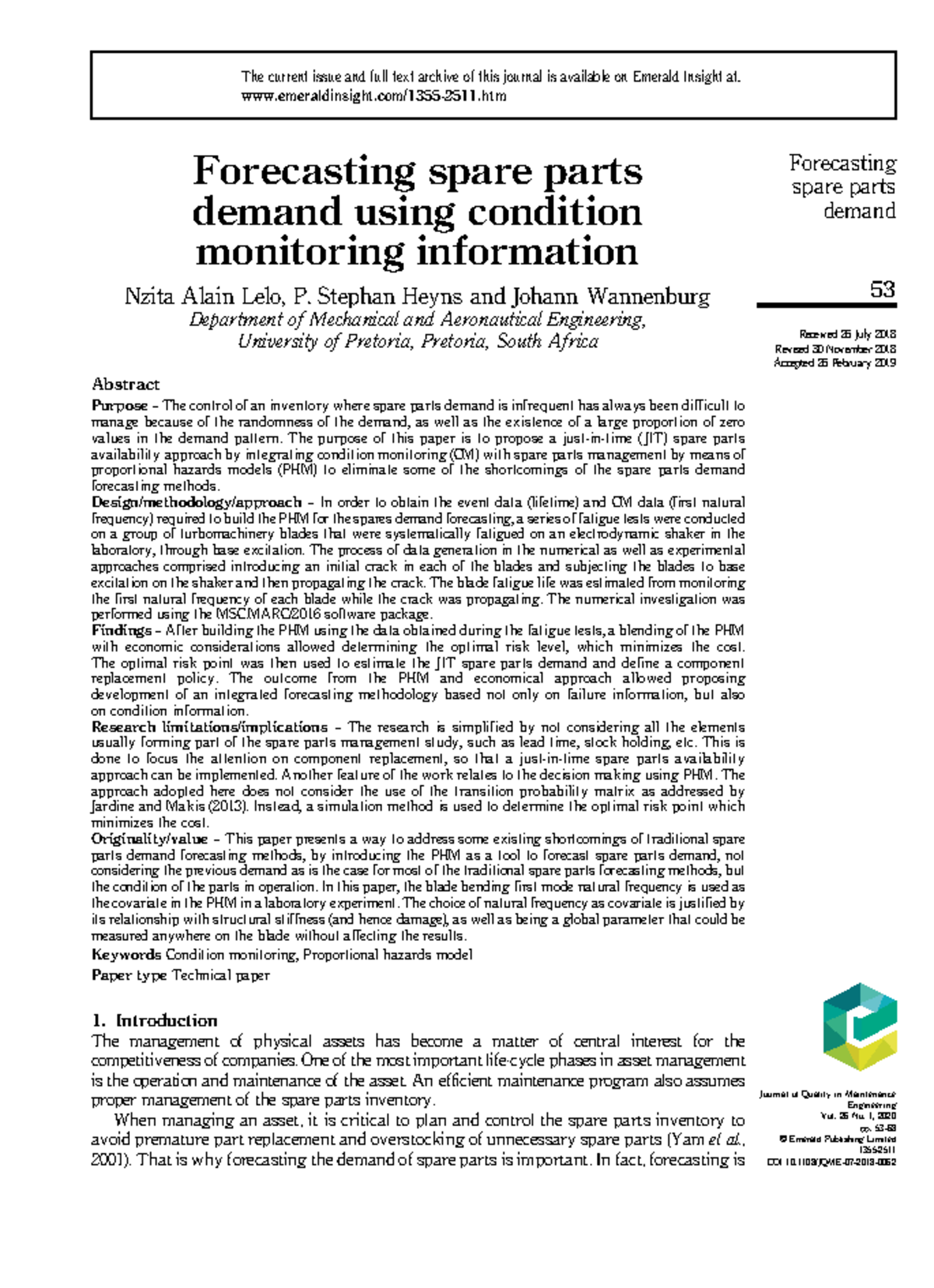 Lelo2019 - archivo - Forecasting spare parts demand using condition ...