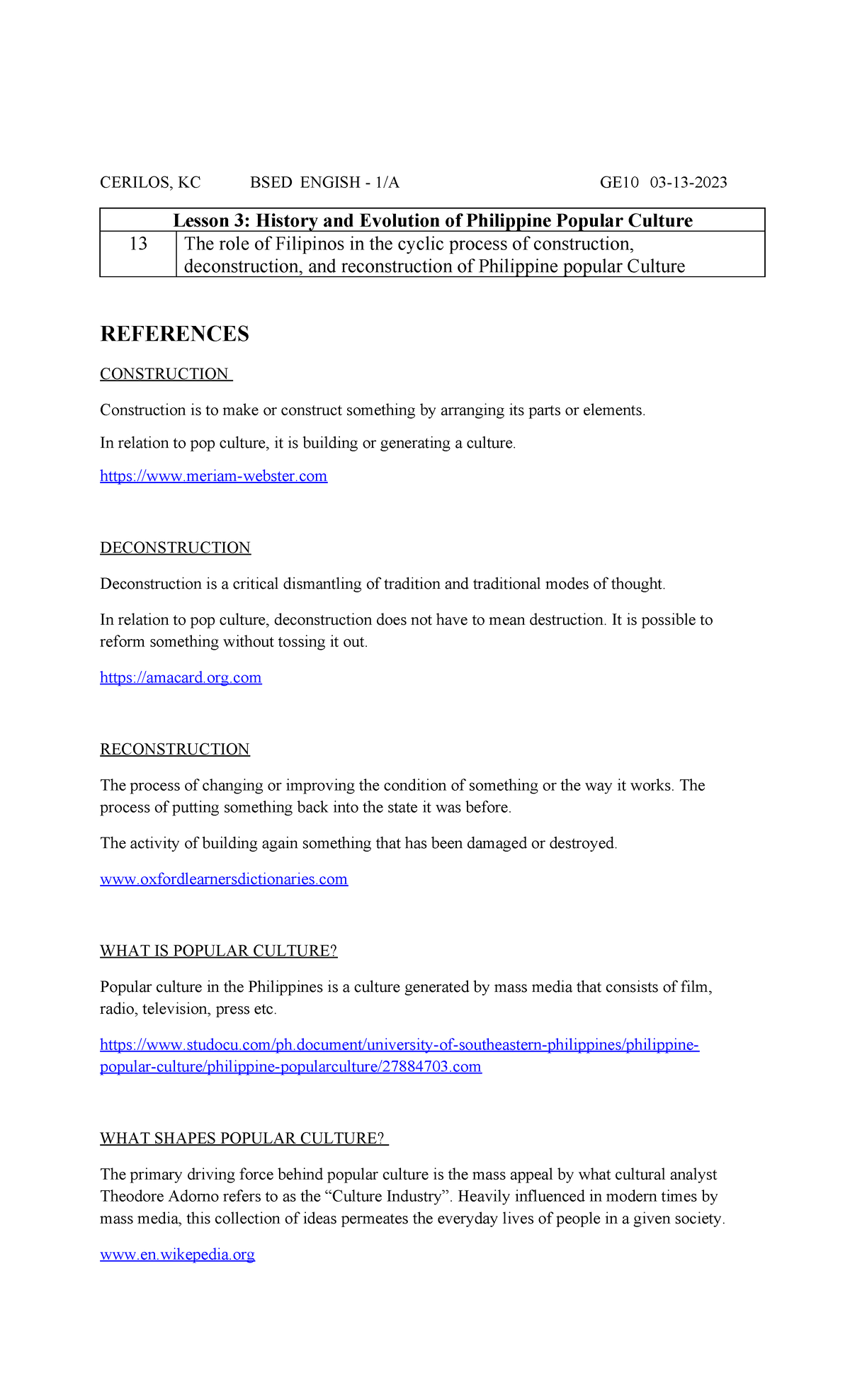 Module 2 Lesson 1 Freud - how so ifitis - CERILOS, KC BSED ENGISH - 1/A ...
