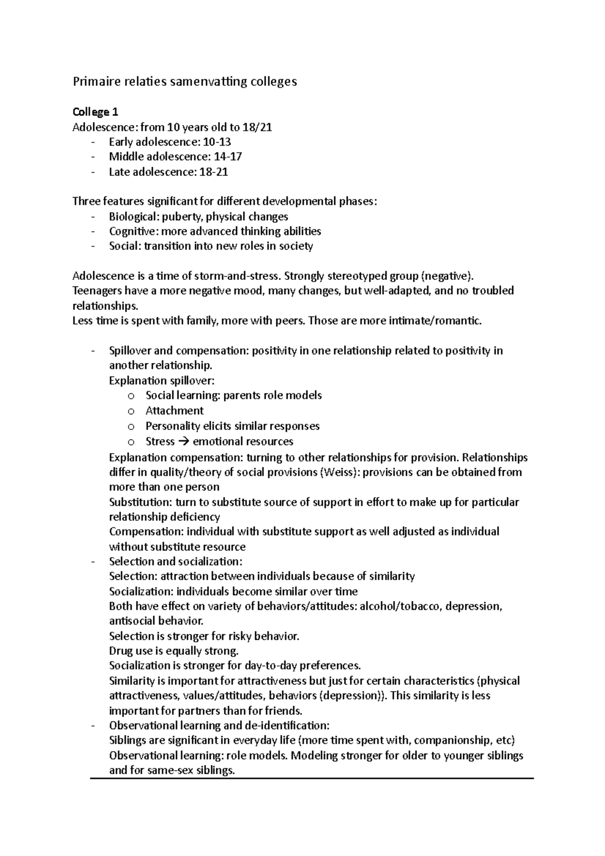 Lecture notes, lectures 1-6 - Primaire relaties samenvatting colleges ...