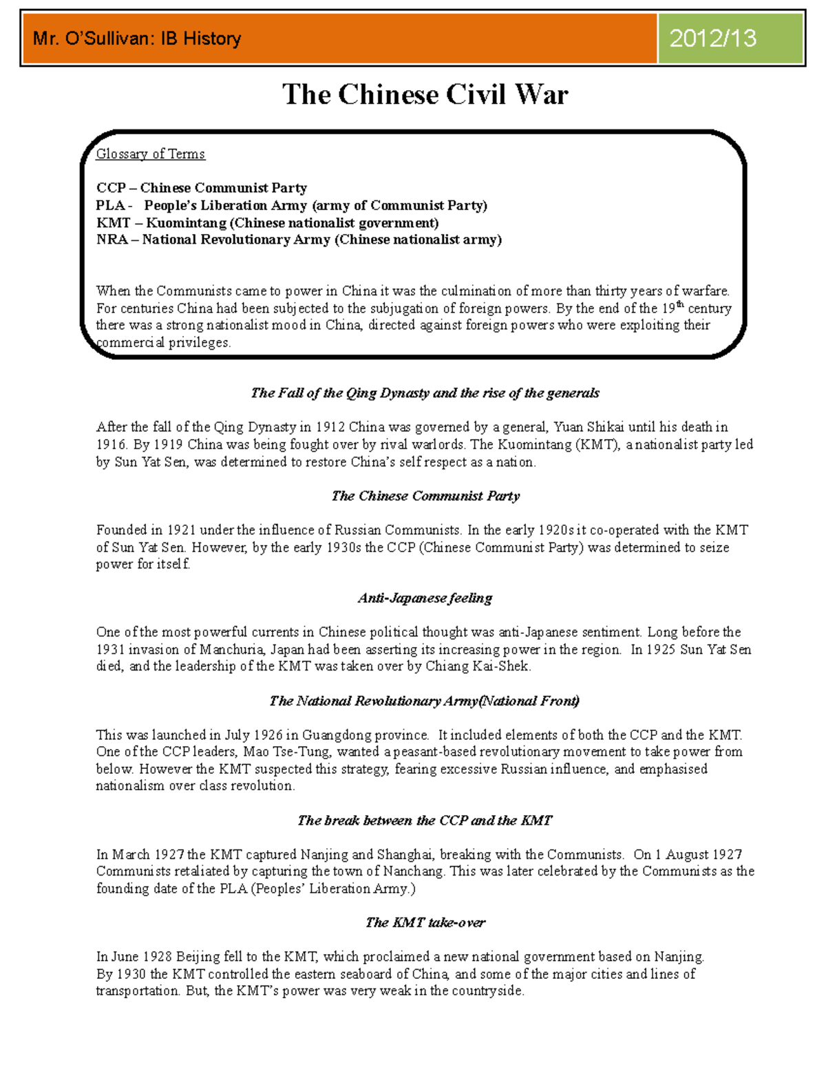 The Chinese Civil War - Summary History Special Subject - Mr. IB ...