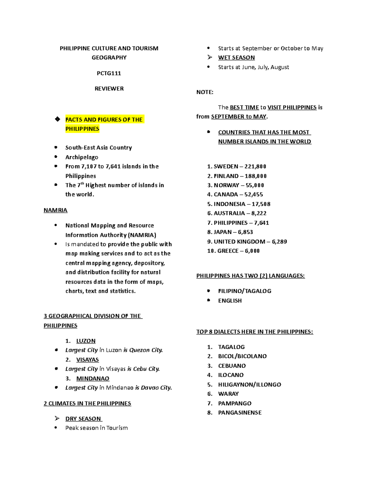 PCTG Prelim EXAM Reviewer - PHILIPPINE CULTURE AND TOURISM GEOGRAPHY ...