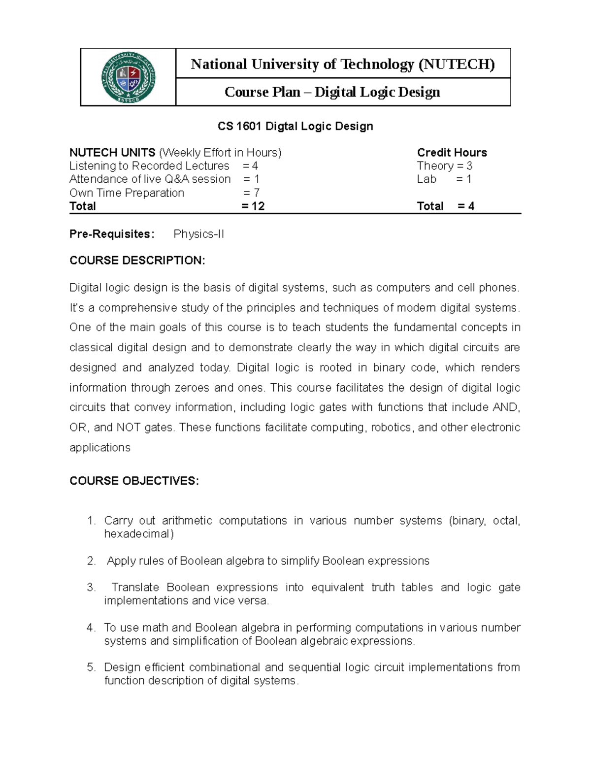 DLD online course plan - no n nikgib aq - Course Plan – Digital Logic ...