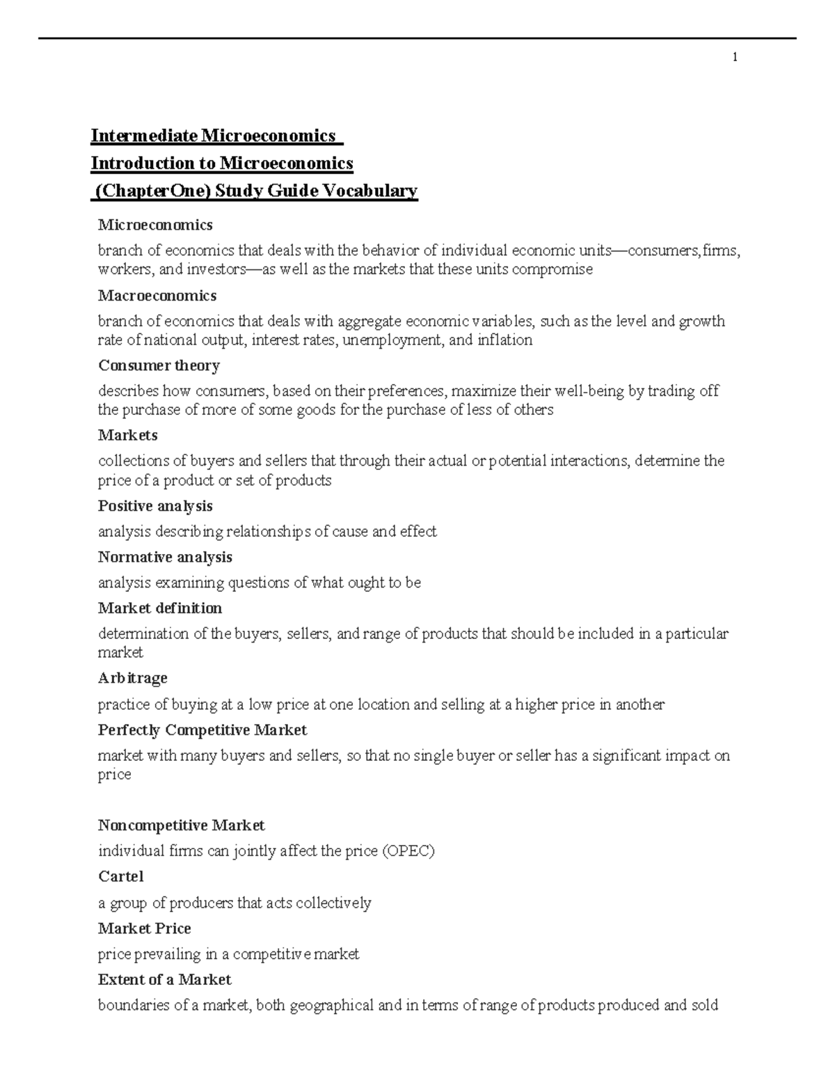Introduction to Microeconomics Chapter One Vocabulary Study Guide - 1 ...