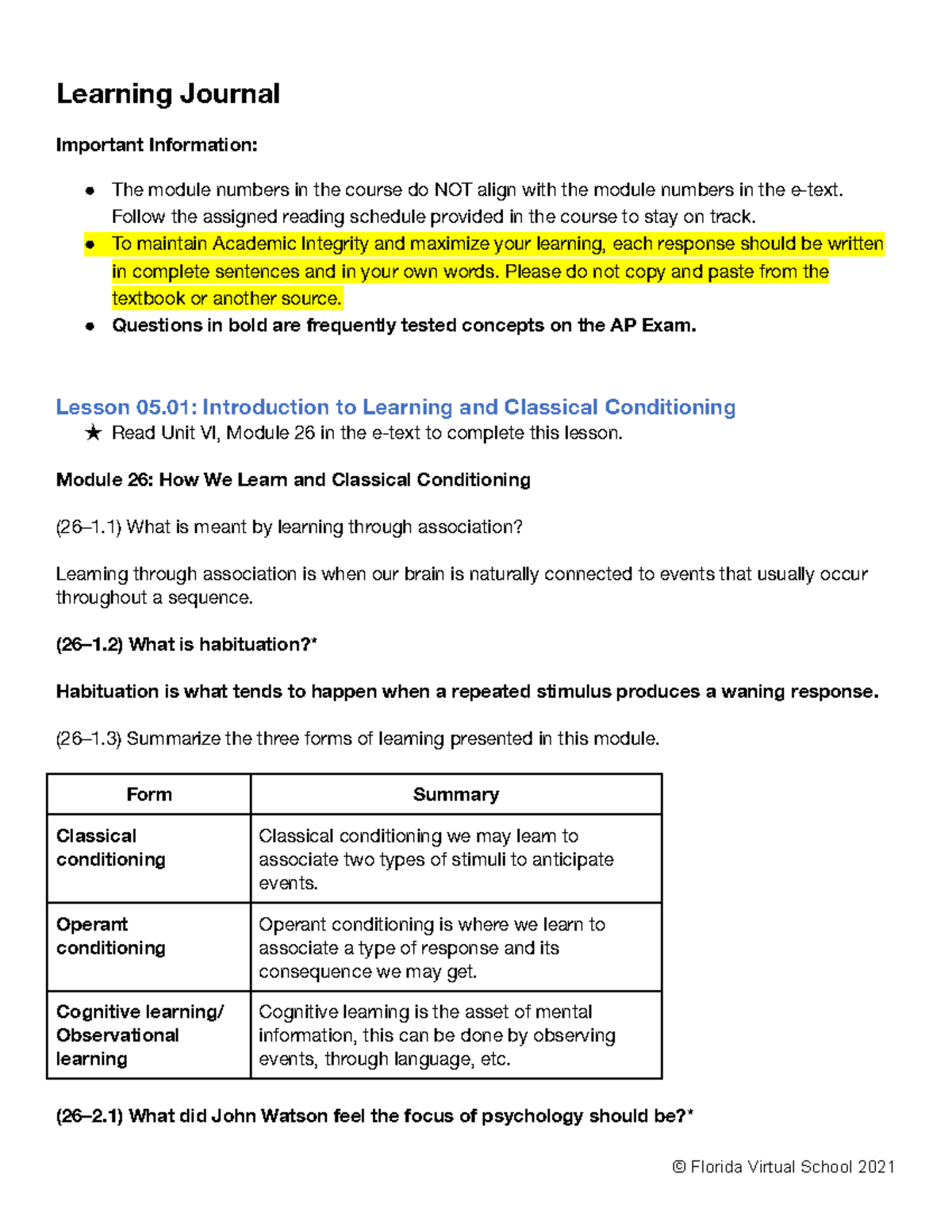 Module 5 Ap Psych Journal - Learning Journal Important Information: The ...