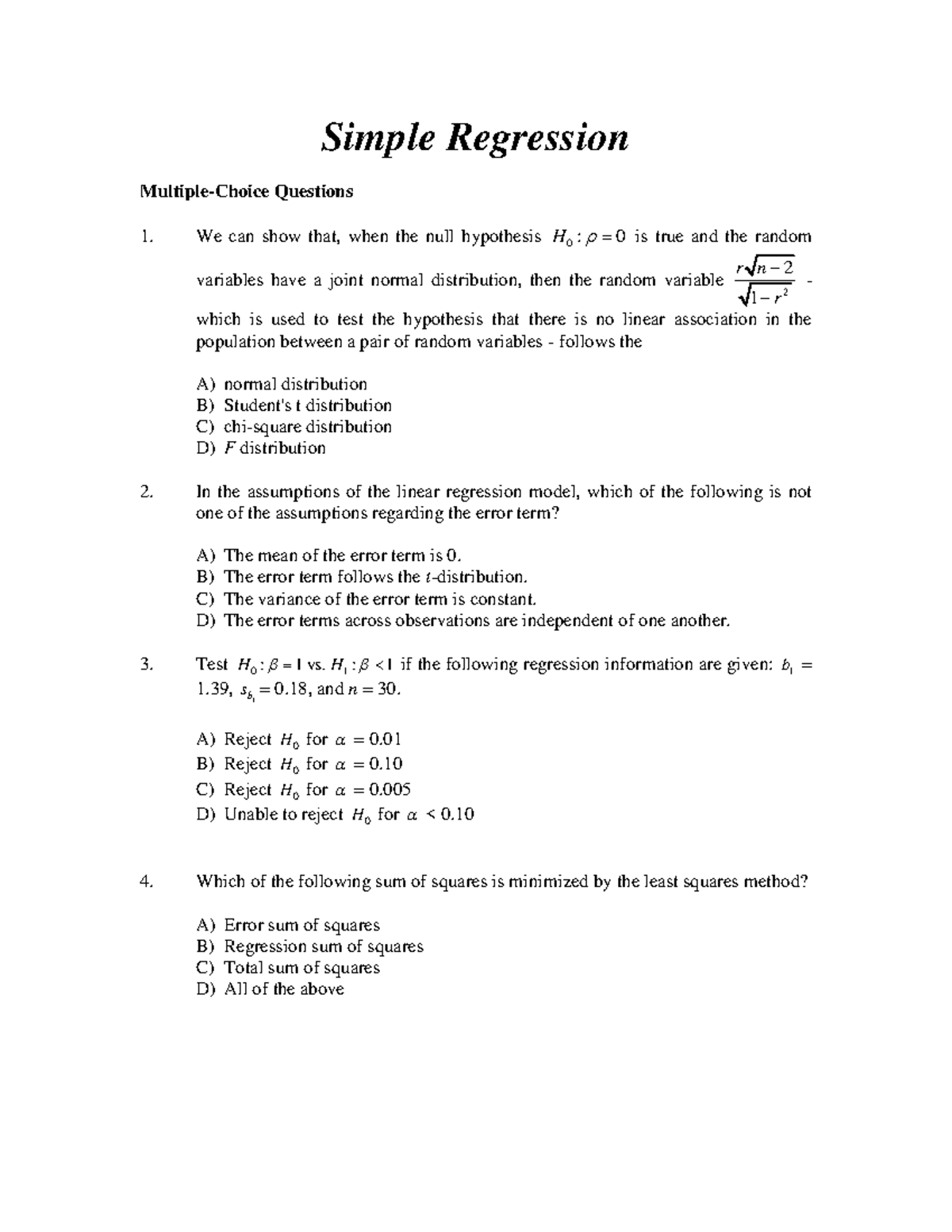 Regression problems - Multiple-Choice Questions We can show that, when ...