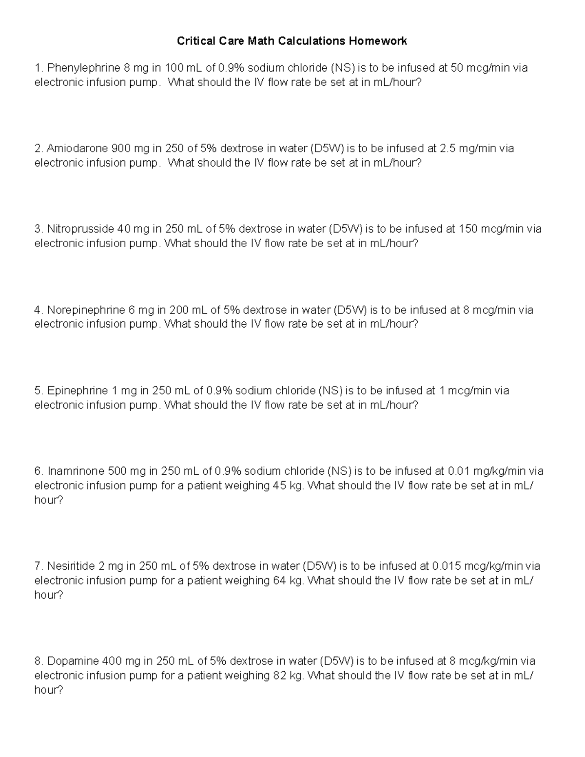 Critical Care Calculation Homework - Critical Care Math Calculations ...