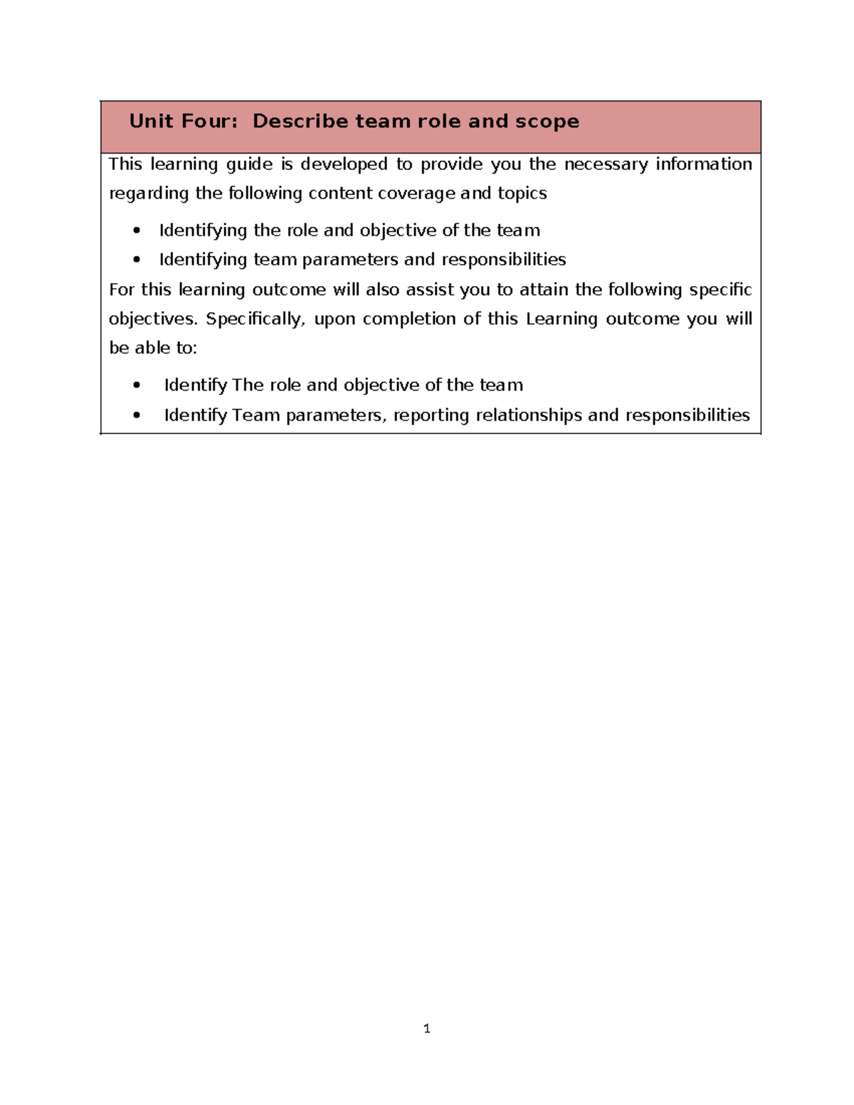 Unit Four Communication - Unit Four: Describe team role and scope This ...
