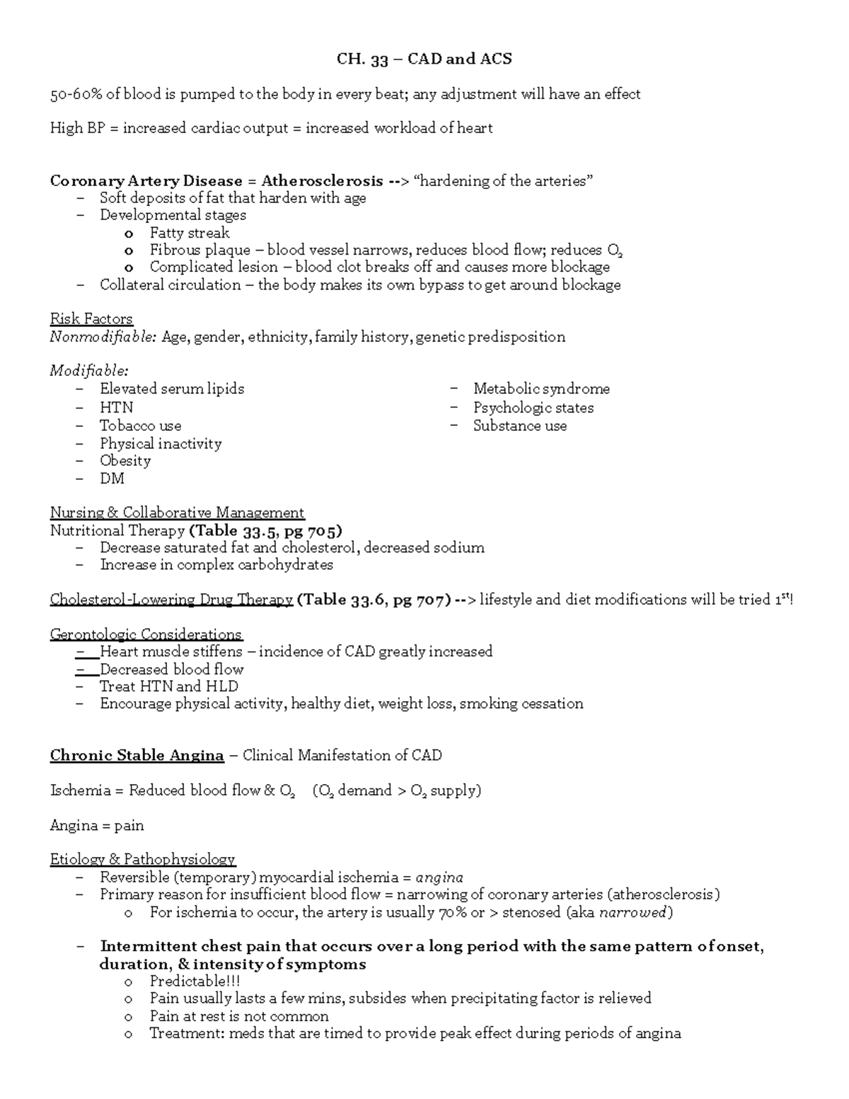 CAD and ACS lecture notes - CH. 33 – CAD and ACS 50-60% of blood is ...