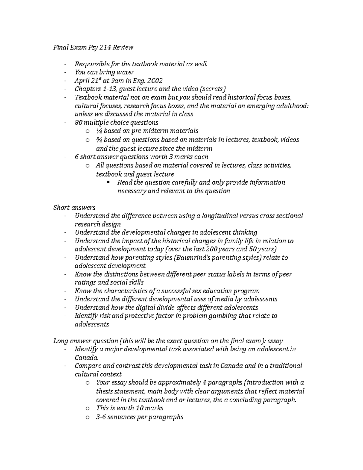 Final Exam Psy 214 In Class Exam Review - Final Exam Psy 214 Review ...