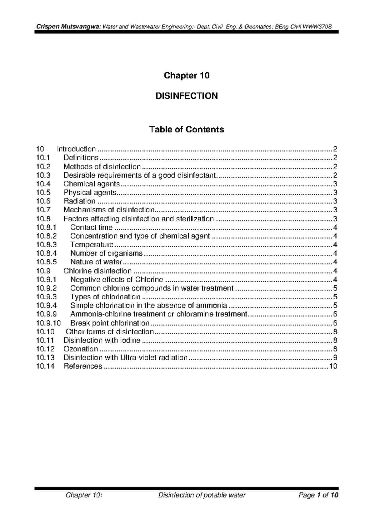 Chapter 10 Disinfection - DISINFECTION Chapter 10 Introduction Table of ...