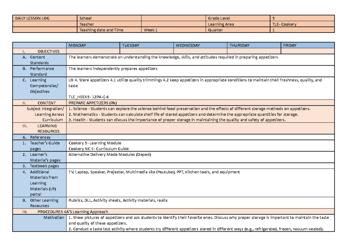 Cookery 9 Q1 DLL Week6 - DAILY LESSON LOG School Grade Level 9 Teacher ...