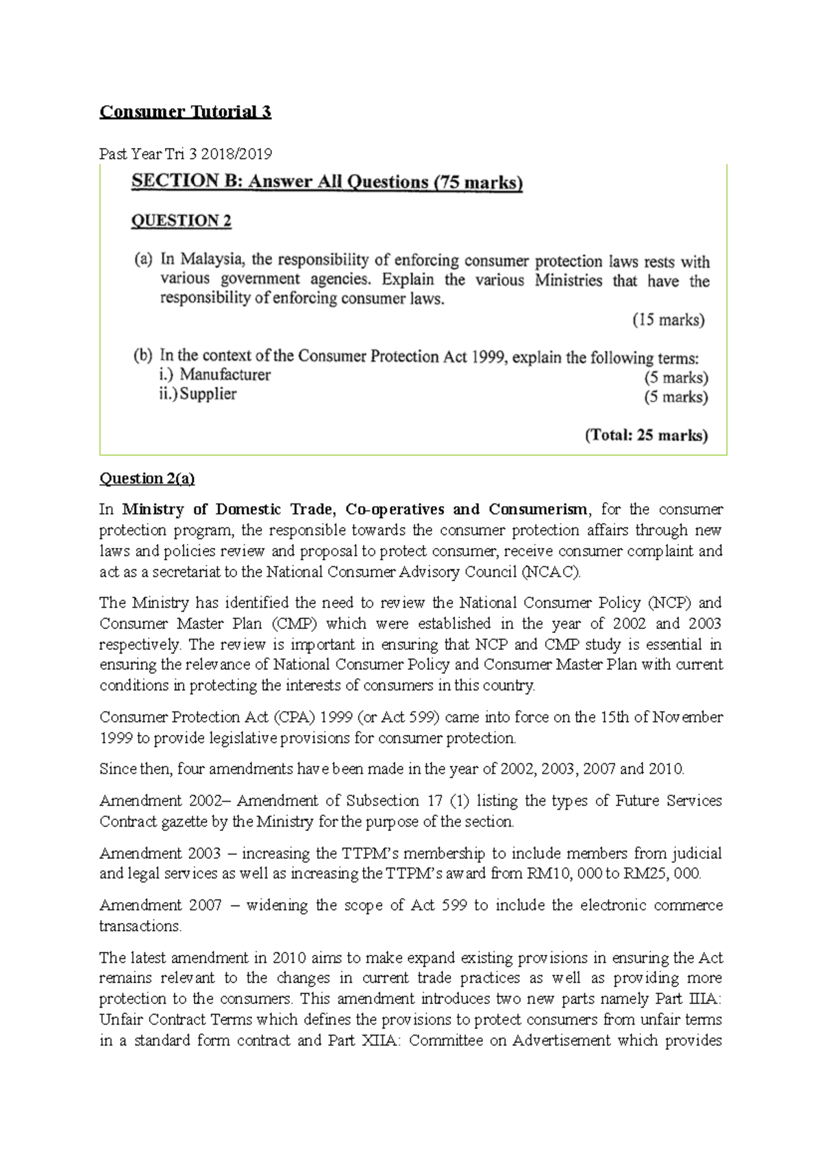 Consumer Law Tutorial 3 Week4 - Consumer Tutorial 3 Past Year Tri 3 ...