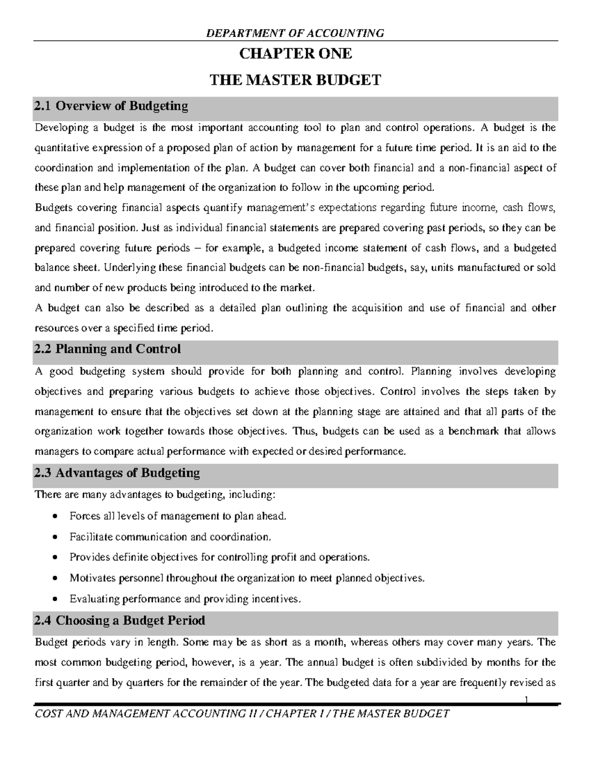 Ch 4 Master Budget Financial Accounting Note 1 Chapter One The