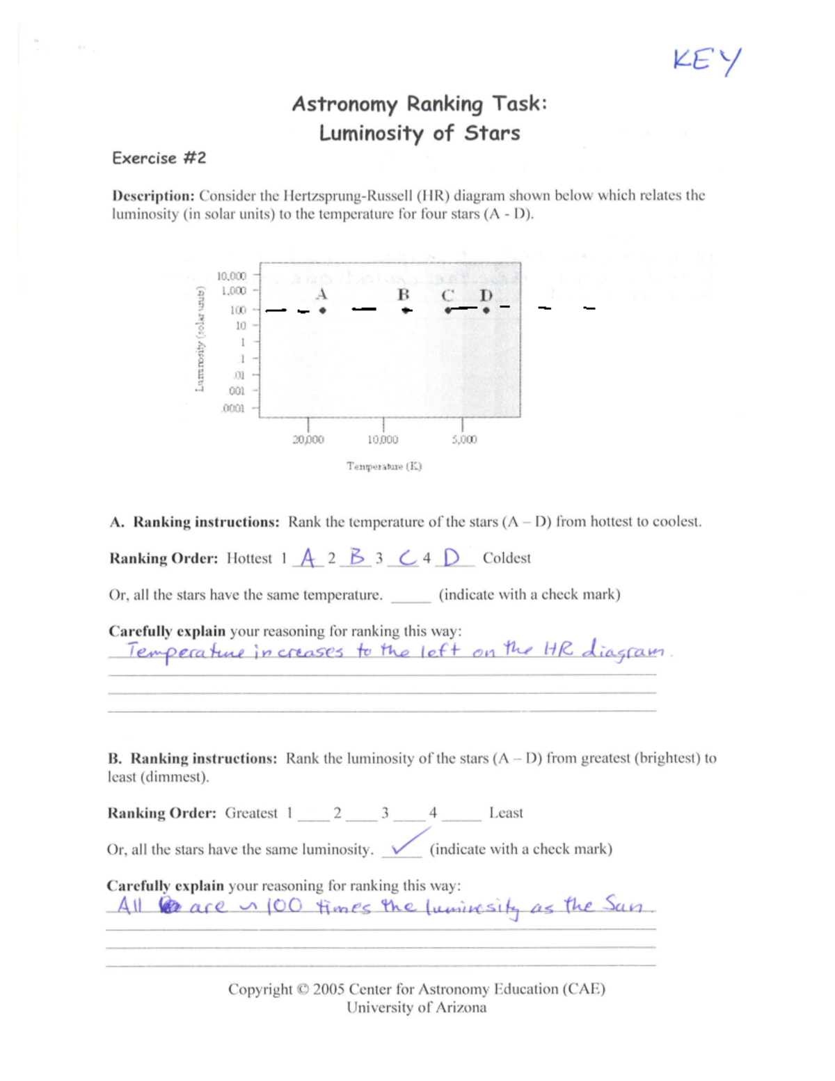 Stars Ranking Tasks key - KEY Astronomy Ranking Task: Luminosity of ...