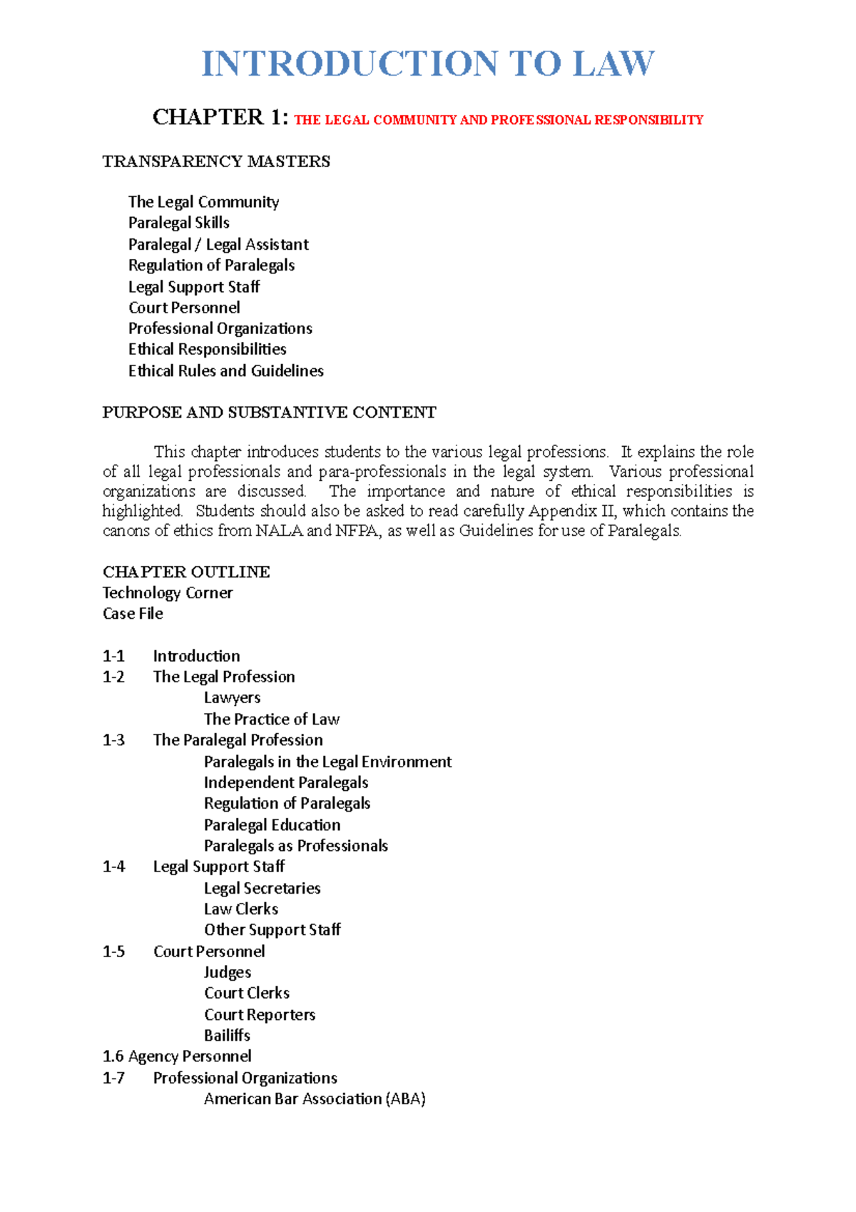 Ch01 The Legal Community and Professional Responsability - INTRODUCTION ...