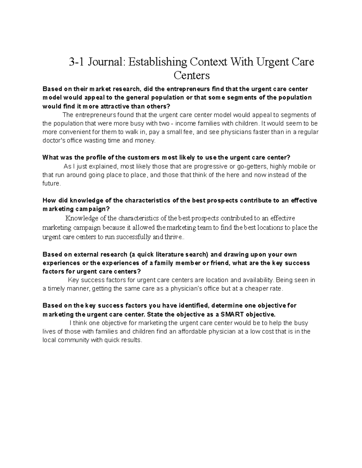 HCM 3-1 Joural - 3-1 Journal: Establishing Context With Urgent Care ...
