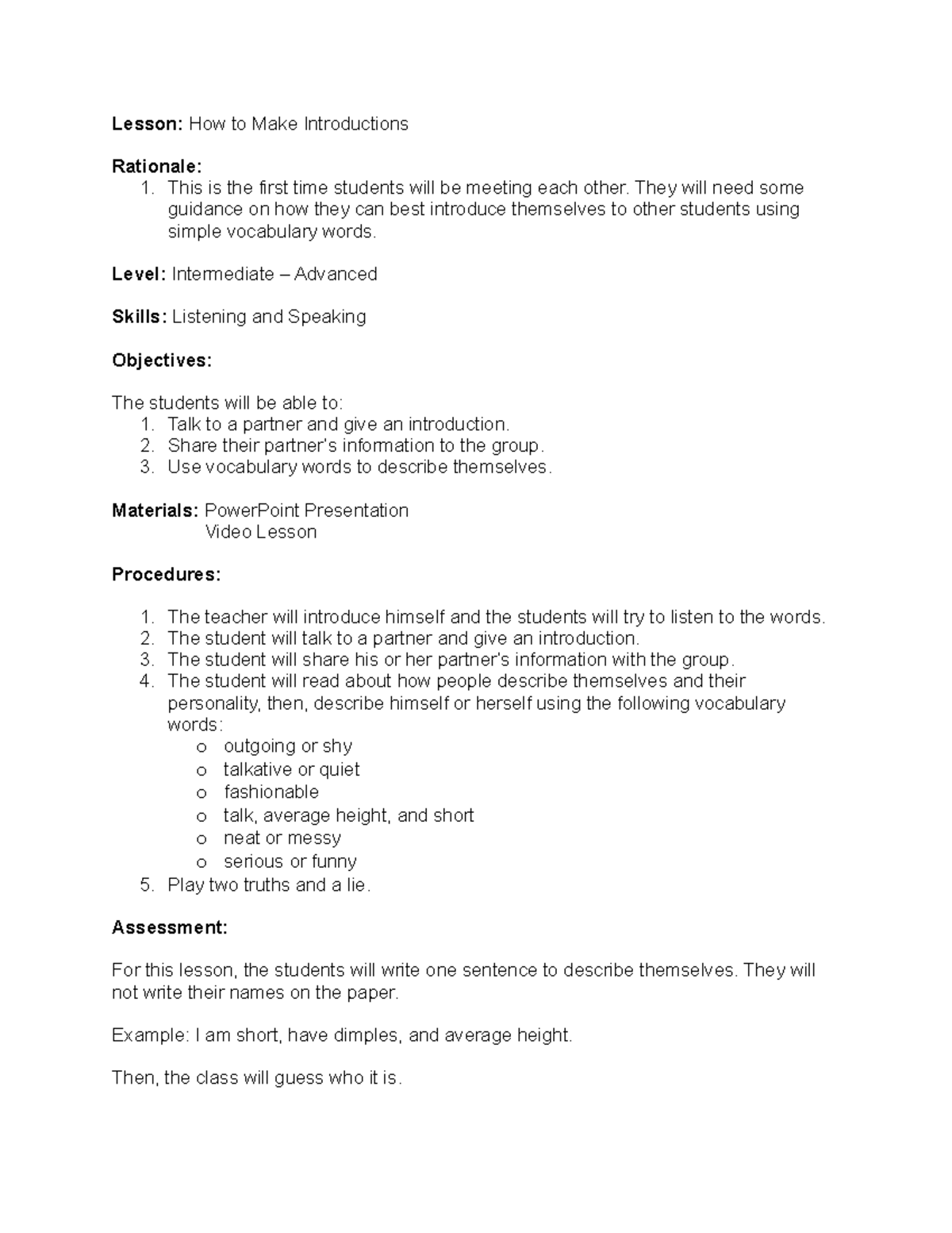 How To Make Introductions Lesson Plan - Lesson: How to Make ...