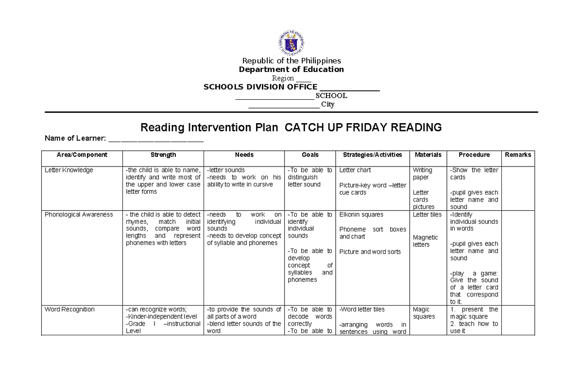 Reading Intervention Plan Catch UP Friday Reading - Republic of the ...
