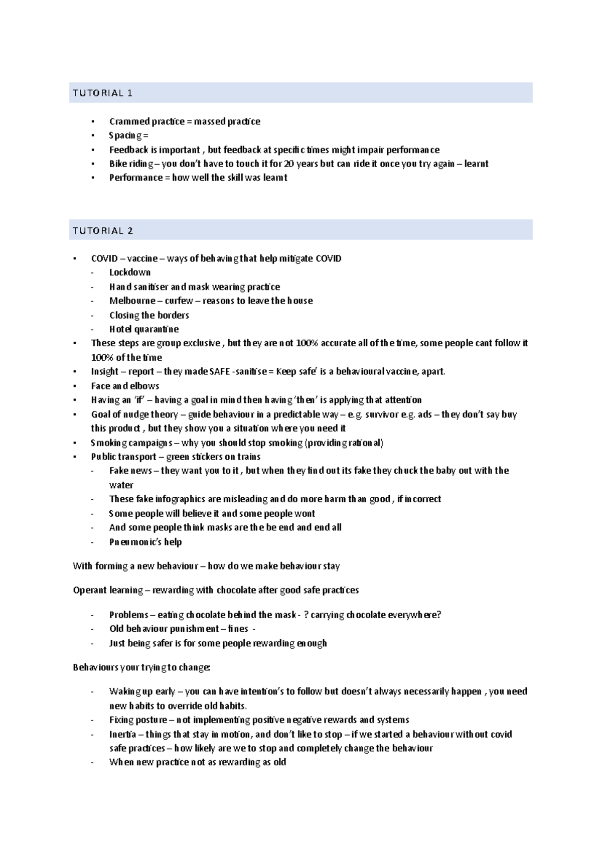 Psych bio tut - TUTORIAL 1 Crammed practice = massed practice Spacing = Feedback is important ...