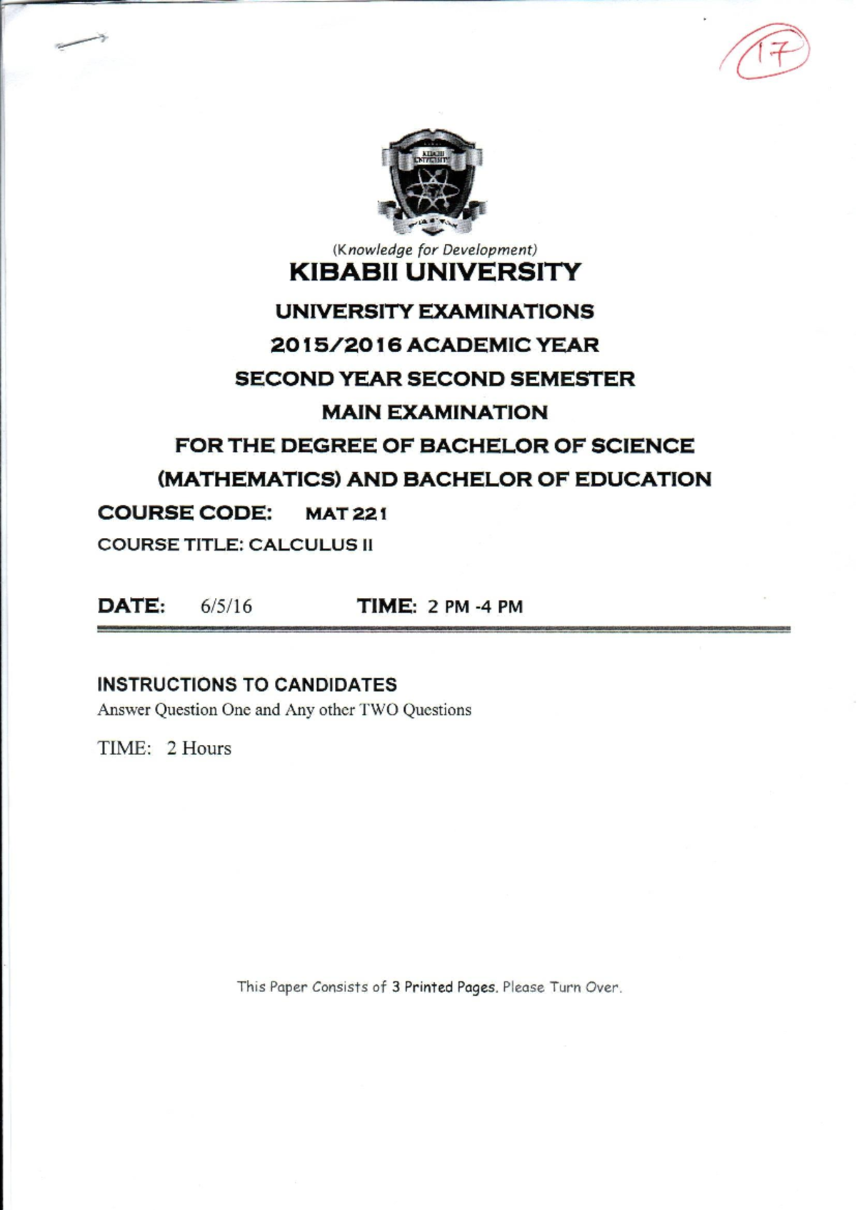 MAT 221 (MAY 2016 ) - Math paper - Bachelor of Science in Computer ...