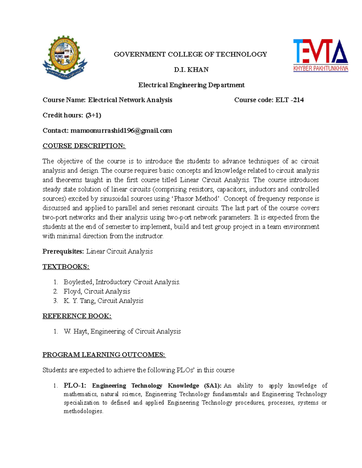 Ac analysis CLO-PLO - GOVERNMENT COLLEGE OF TECHNOLOGY D. KHAN ...