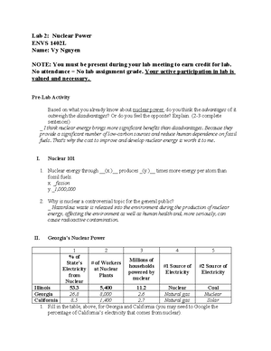 Lab 1 - Lab 1 assignment - Lab 1: Energy from Fossil Fuels ENVS 1402L Name: Vy Nguyen NOTE: You ...