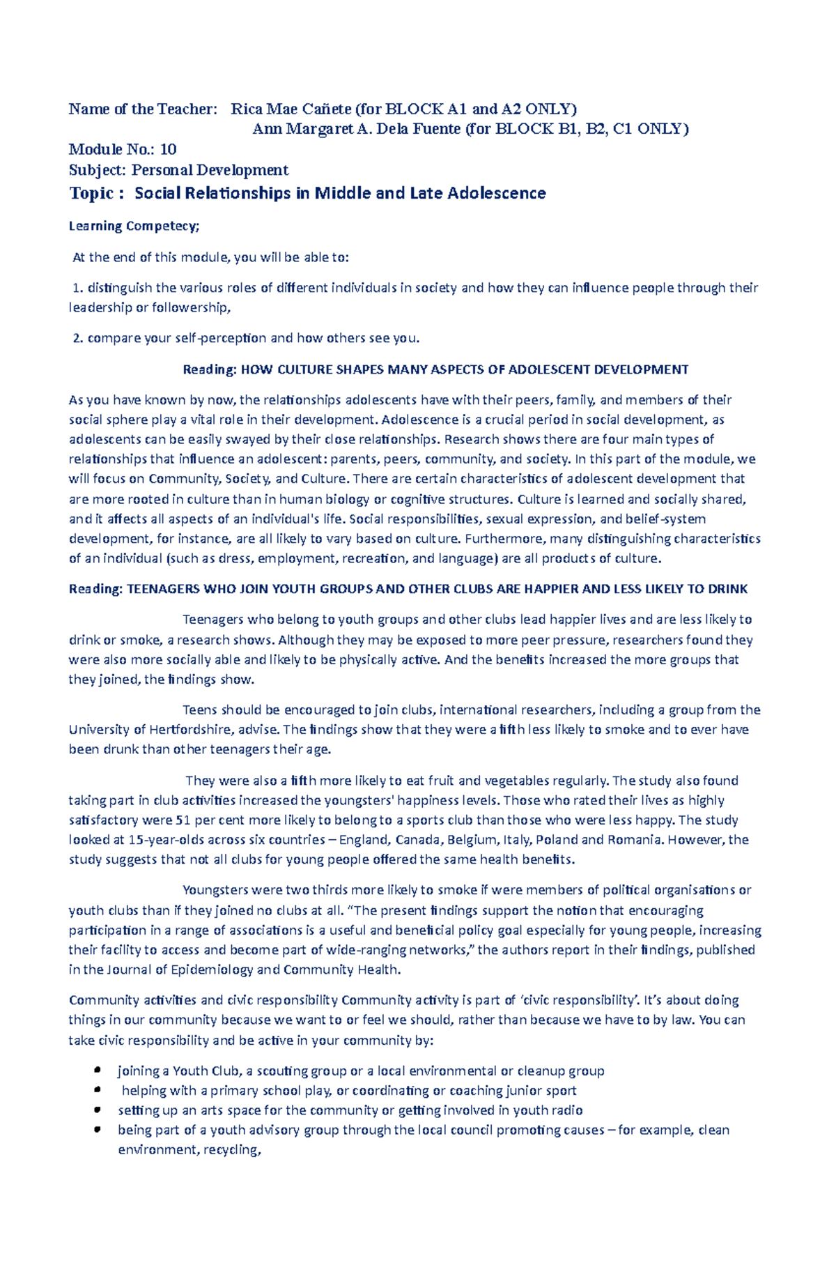 Personal Development - Final Module - Name of the Teacher: Rica Mae ...