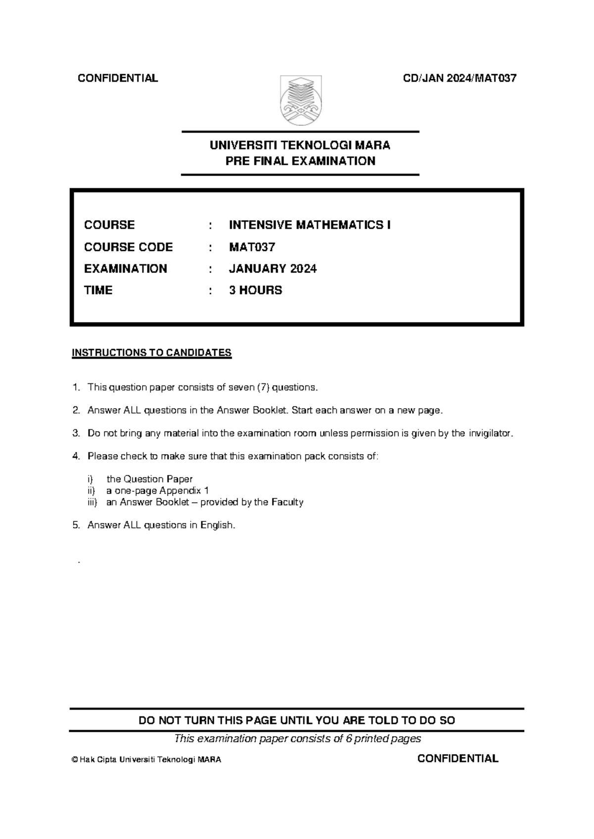 MAT037 Pre Final (Q) Jan 2024 - ####### UNIVERSITI TEKNOLOGI MARA ...