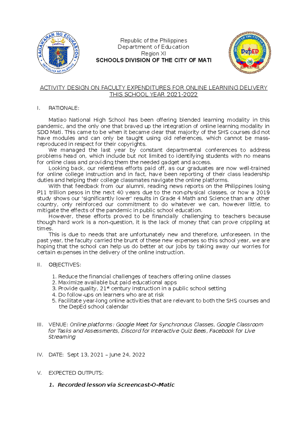 Activity-Design Faculty-Expenditures - Republic of the Philippines ...