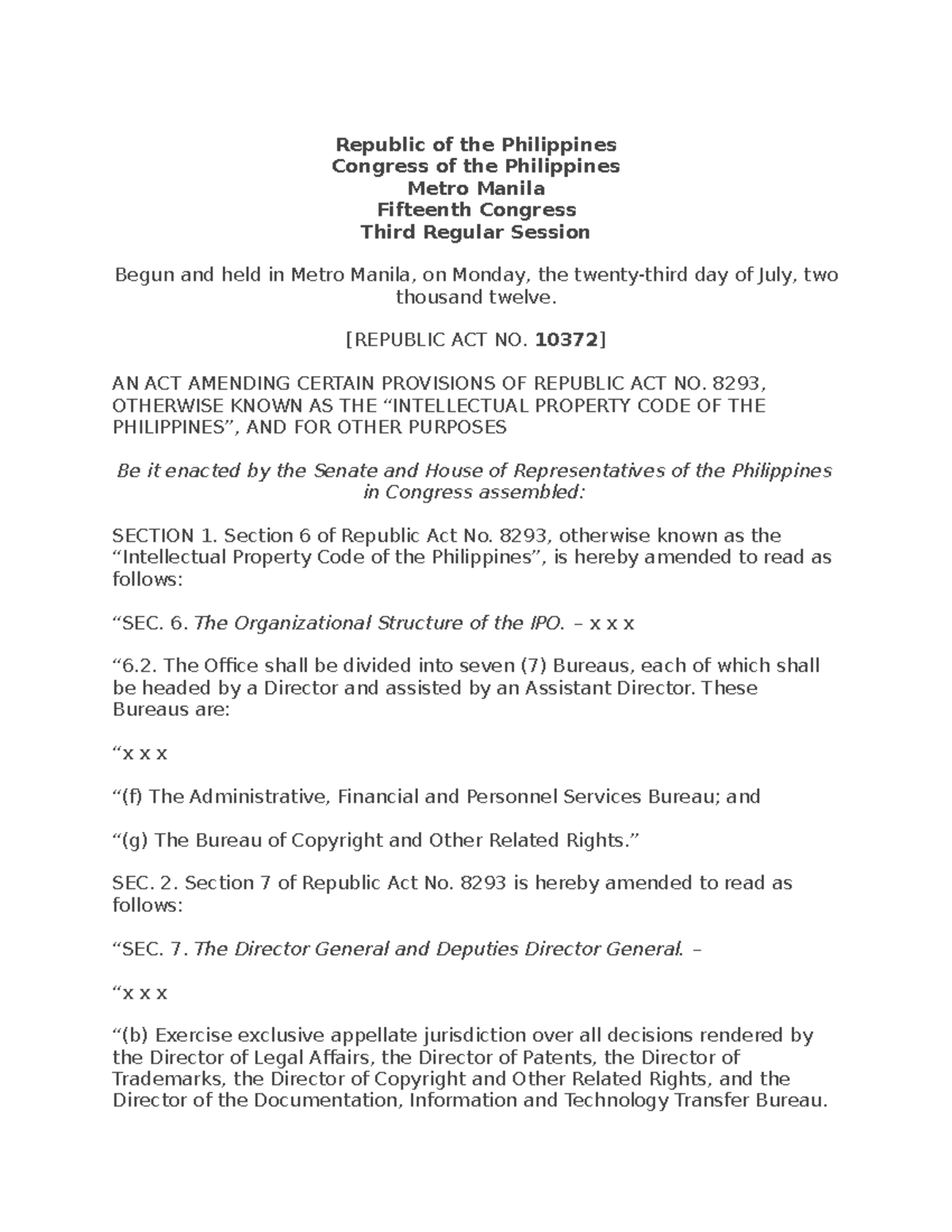 RA 10372 - Lecture notes 1 - Republic of the Philippines Congress of ...