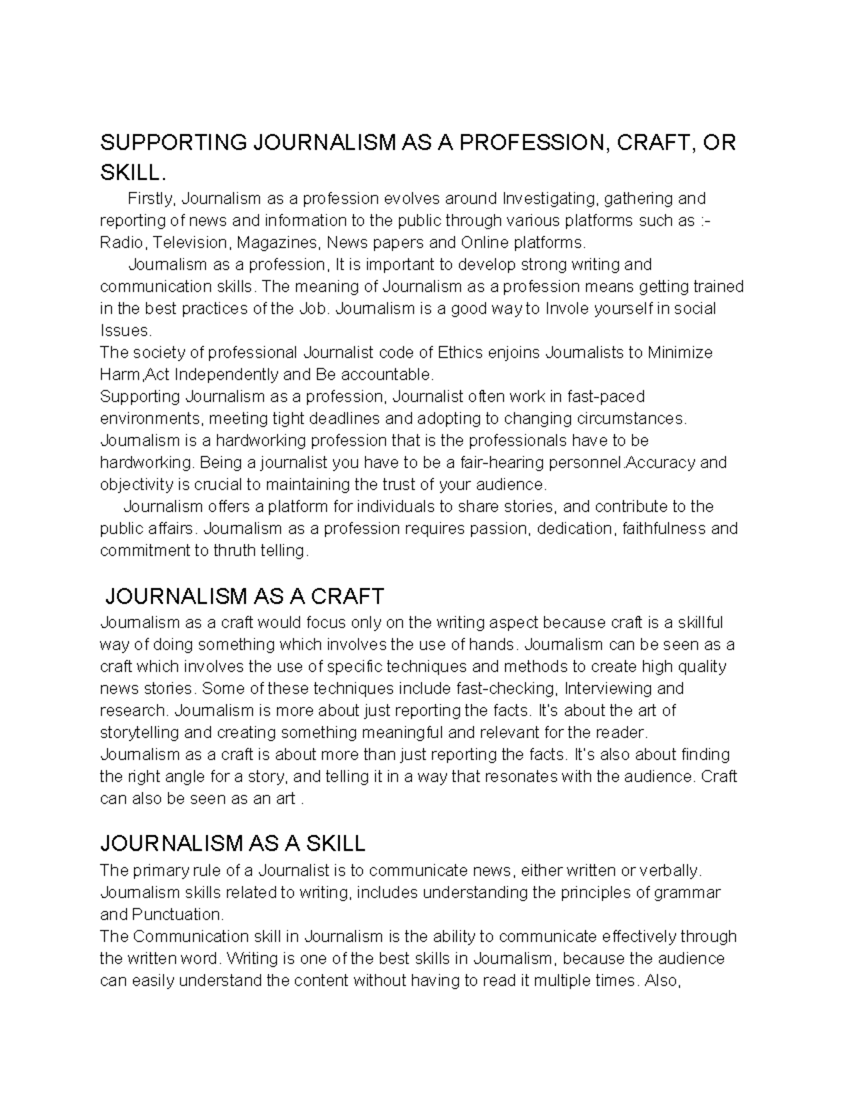 Journalism - SUPPORTING JOURNALISM AS A PROFESSION, CRAFT, OR SKILL ...