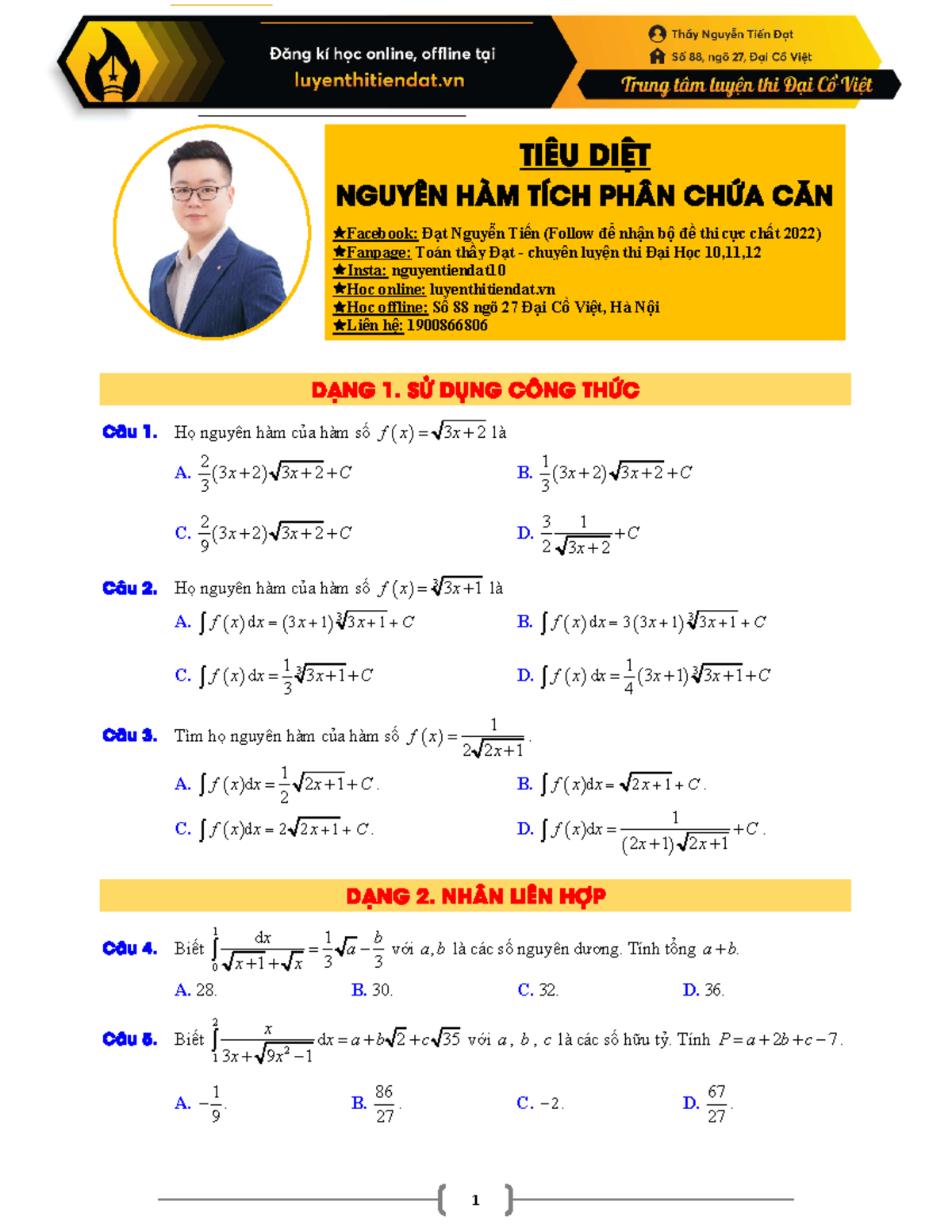 Tiêu diệt nguyên hàm tích phân chứa căn - 1 Họ nguyên hàm của hàm số f ...