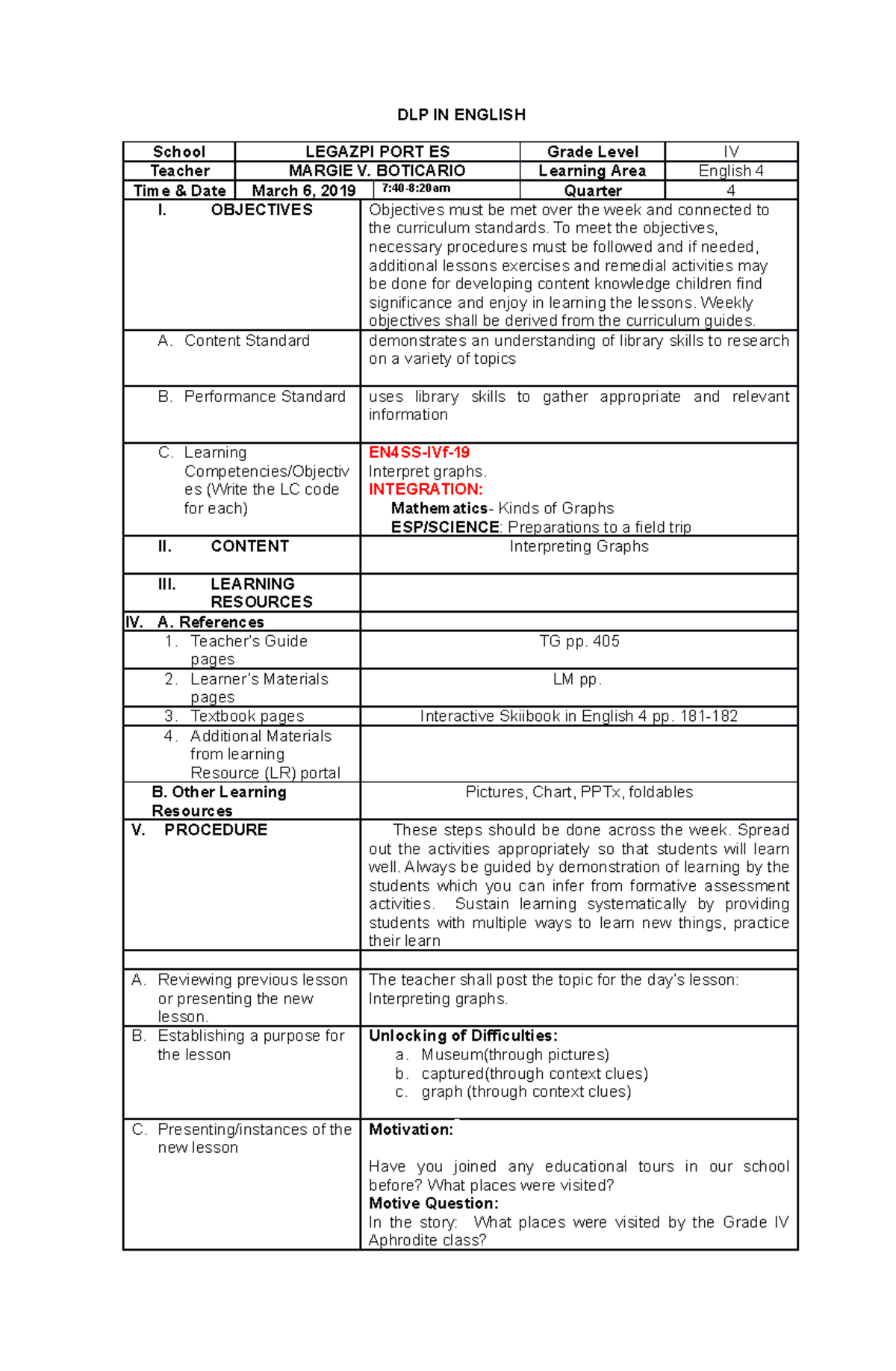 COT DLP English 4 BY Teacher Margie V. Boticario #4 - DLP IN ENGLISH School LEGAZPI PORT ES ...