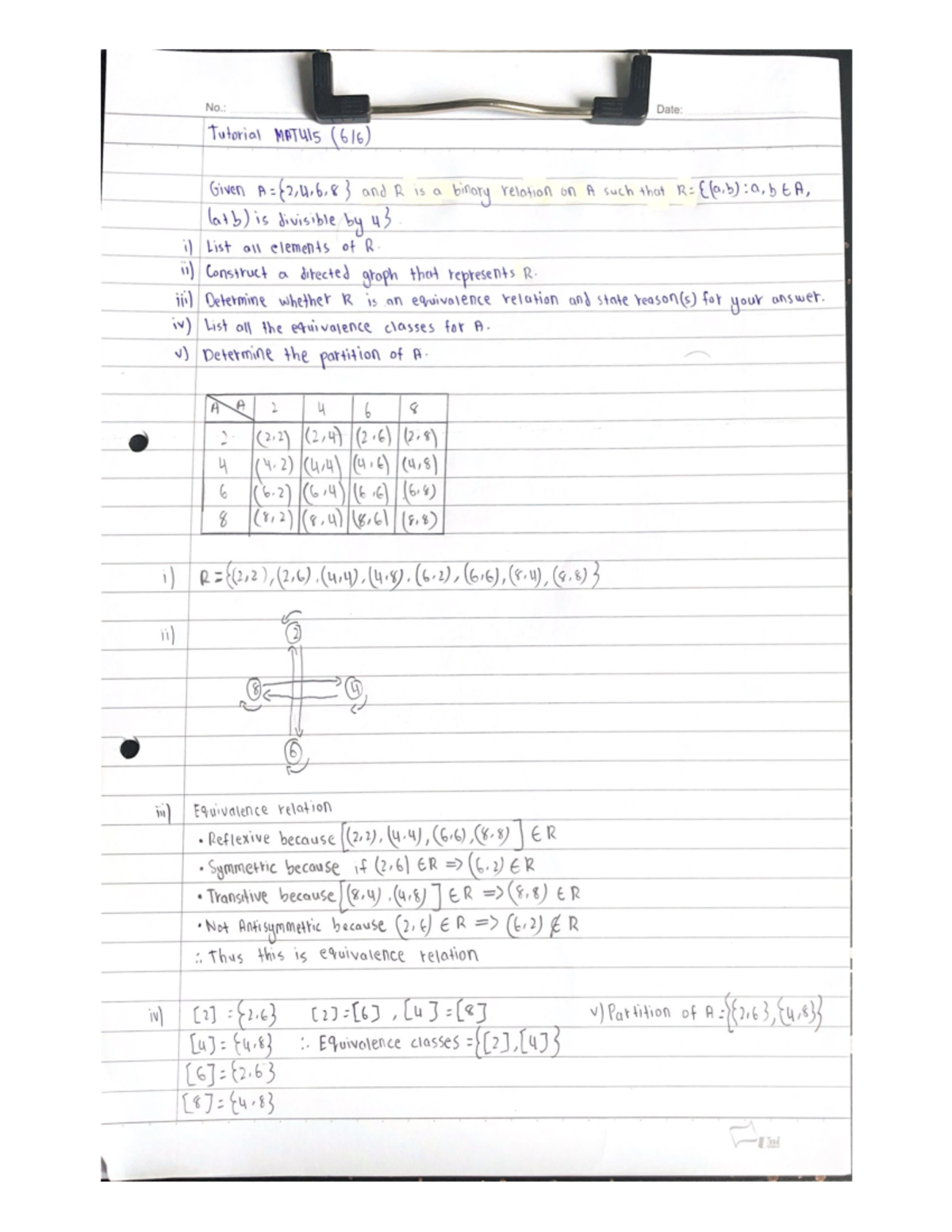 Tutorial MAT415 (6 - No.: Date: Tutorial MAT415 (616) Given and R is a binary relation on A such ...