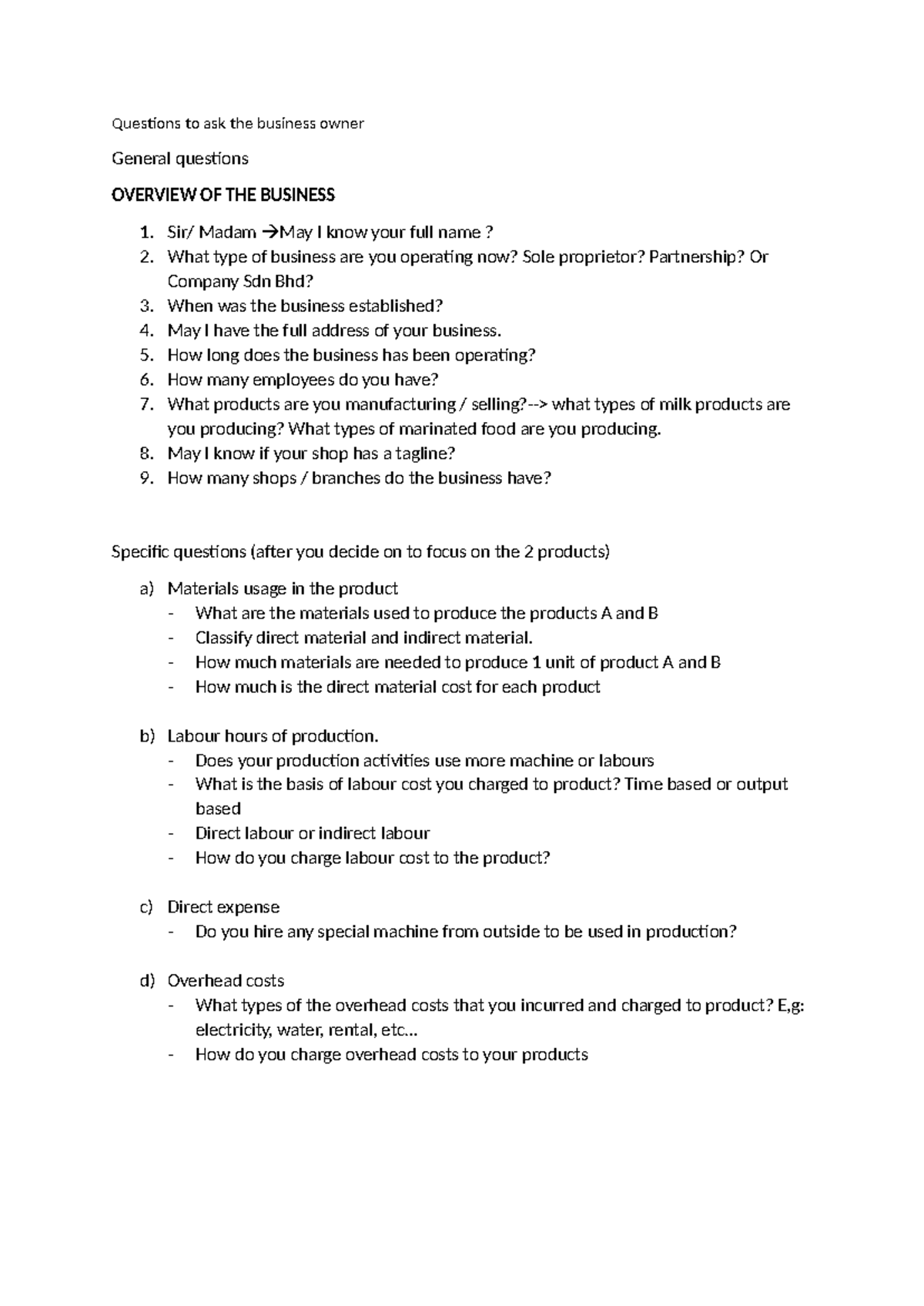Questions to ask the business owner - Questions to ask the business ...